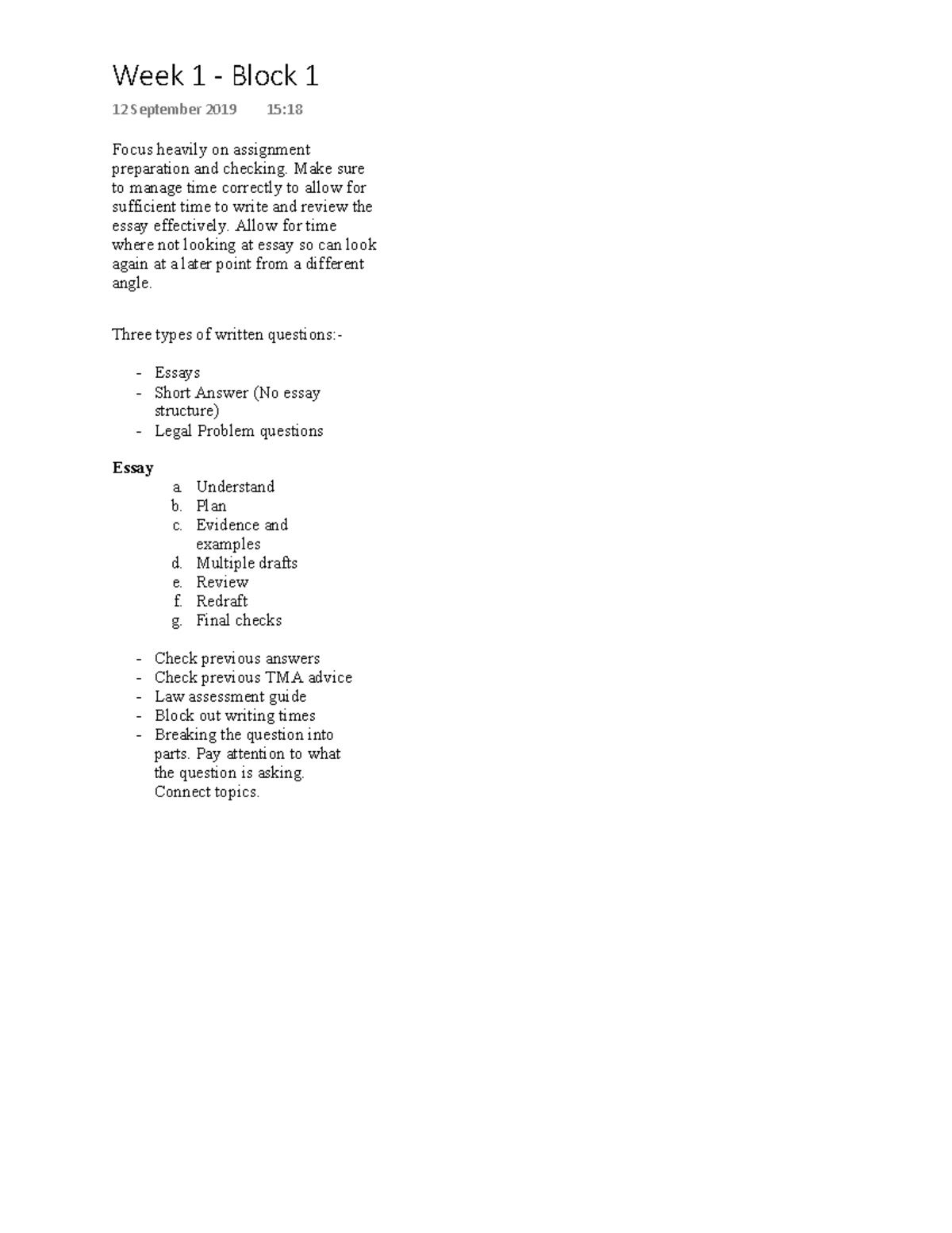 W102 Block 1 Notes - )RFXV KHDYLO\ RQ DVVLJQPHQW SUHSDUDWLRQ DQG ...