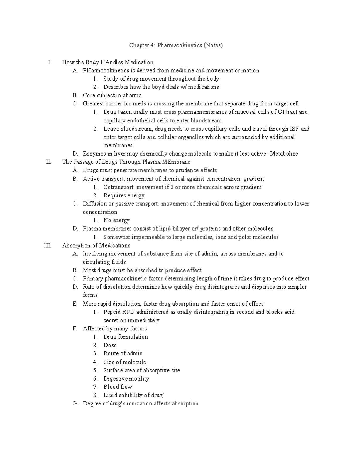 Chapter 4 Pharmacokinetics (Notes) - Chapter 4: Pharmacokinetics (Notes ...