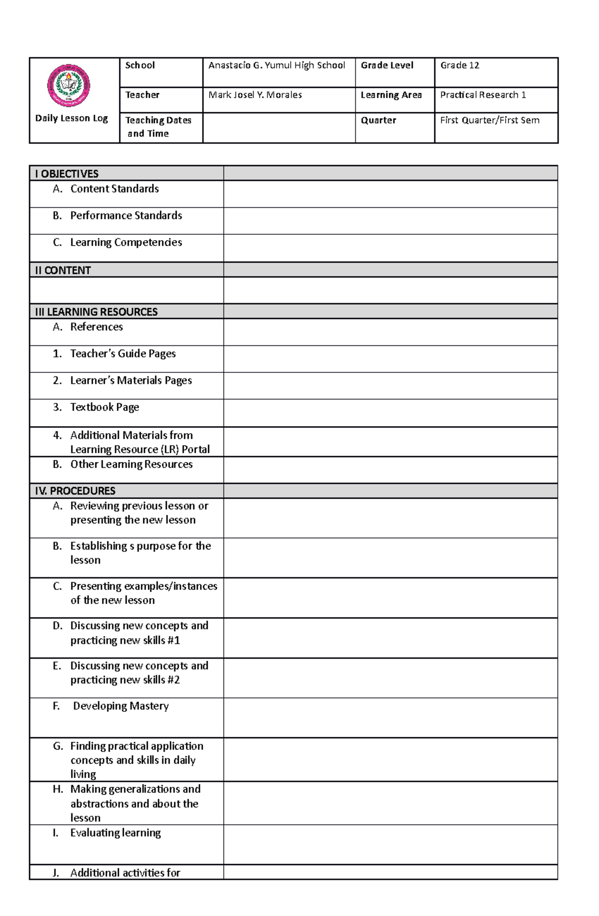 DLP - .kshdshdkjshdjshdkshds - Daily Lesson Log School Anastacio G ...