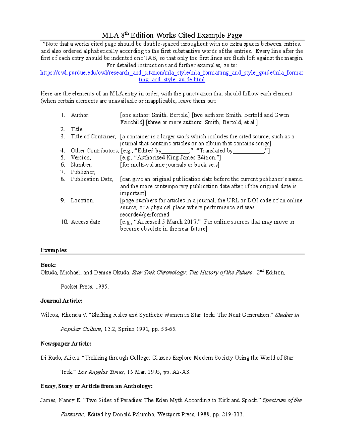 MLA 8th Ed Works Cited Example - *Note that a works cited page should ...