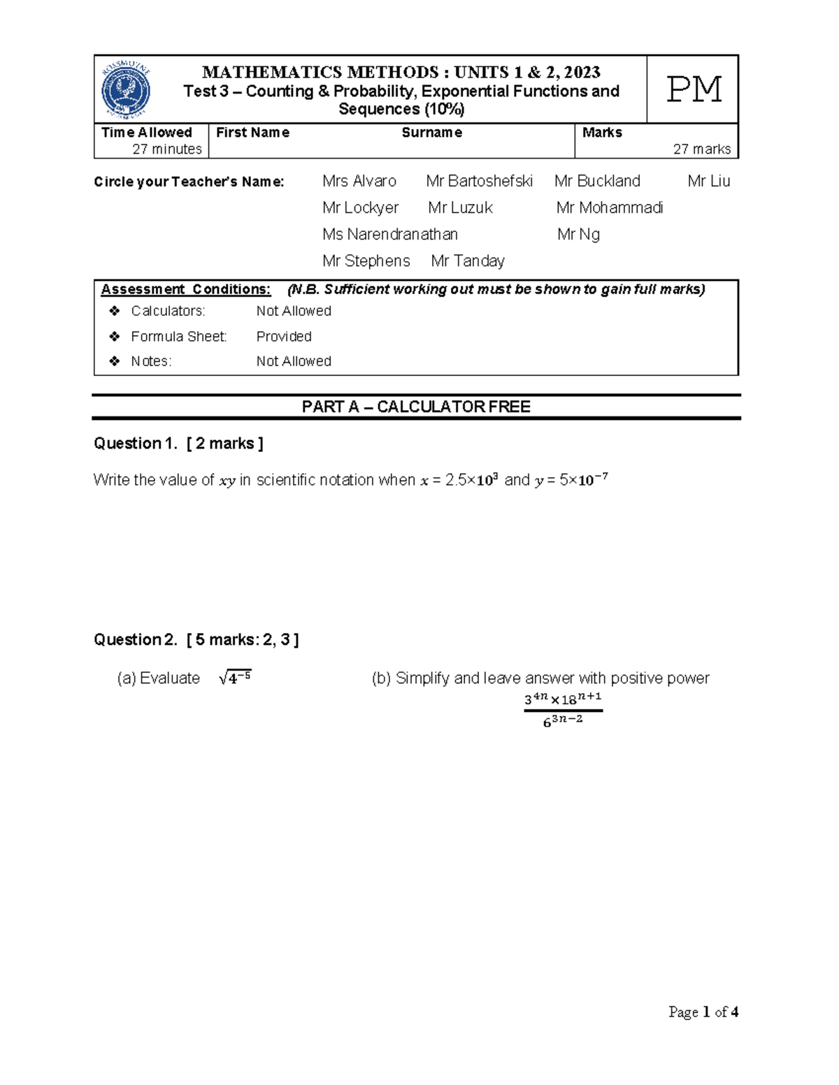 Methods 11 Test 3 2023 - MATHEMATICS METHODS : UNITS 1 & 2, 2023 Test 3 ...