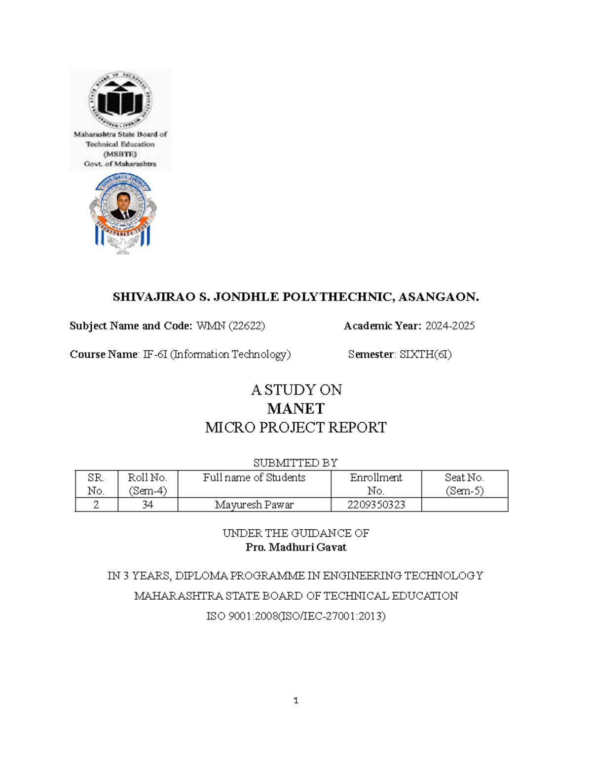Mayuresh manet project - SHIVAJIRAO S. JONDHLE POLYTHECHNIC, ASANGAON. Subject Name and Code ...