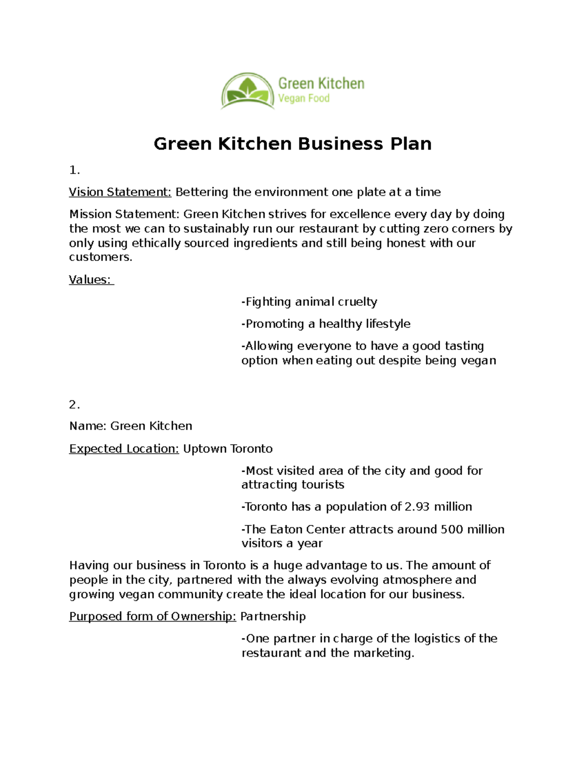Green Kitchen Business Plan - Vision Statement: Bettering the ...
