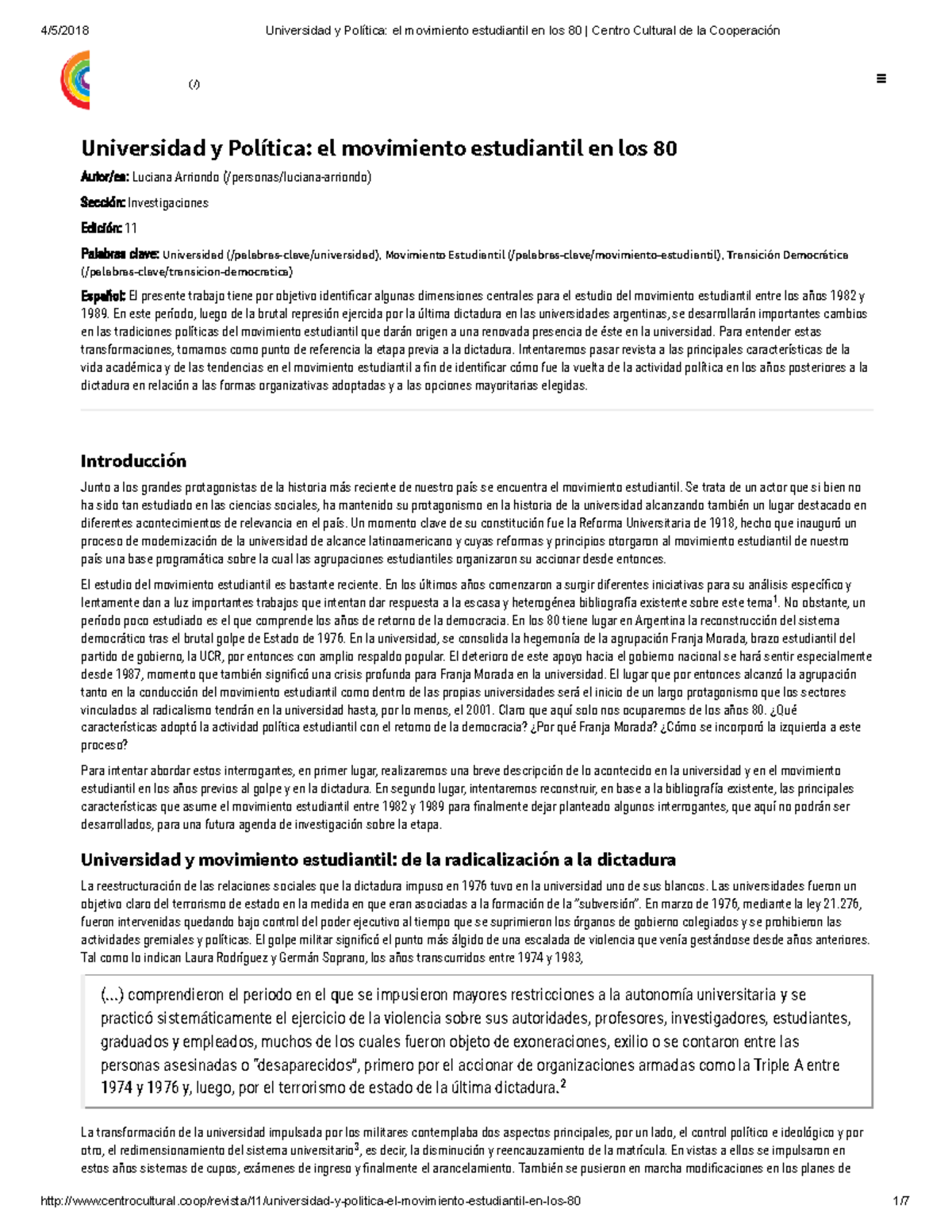 Arriondo 2018 El Movimiento Estudiantil En Los 80 - (/) Español ...
