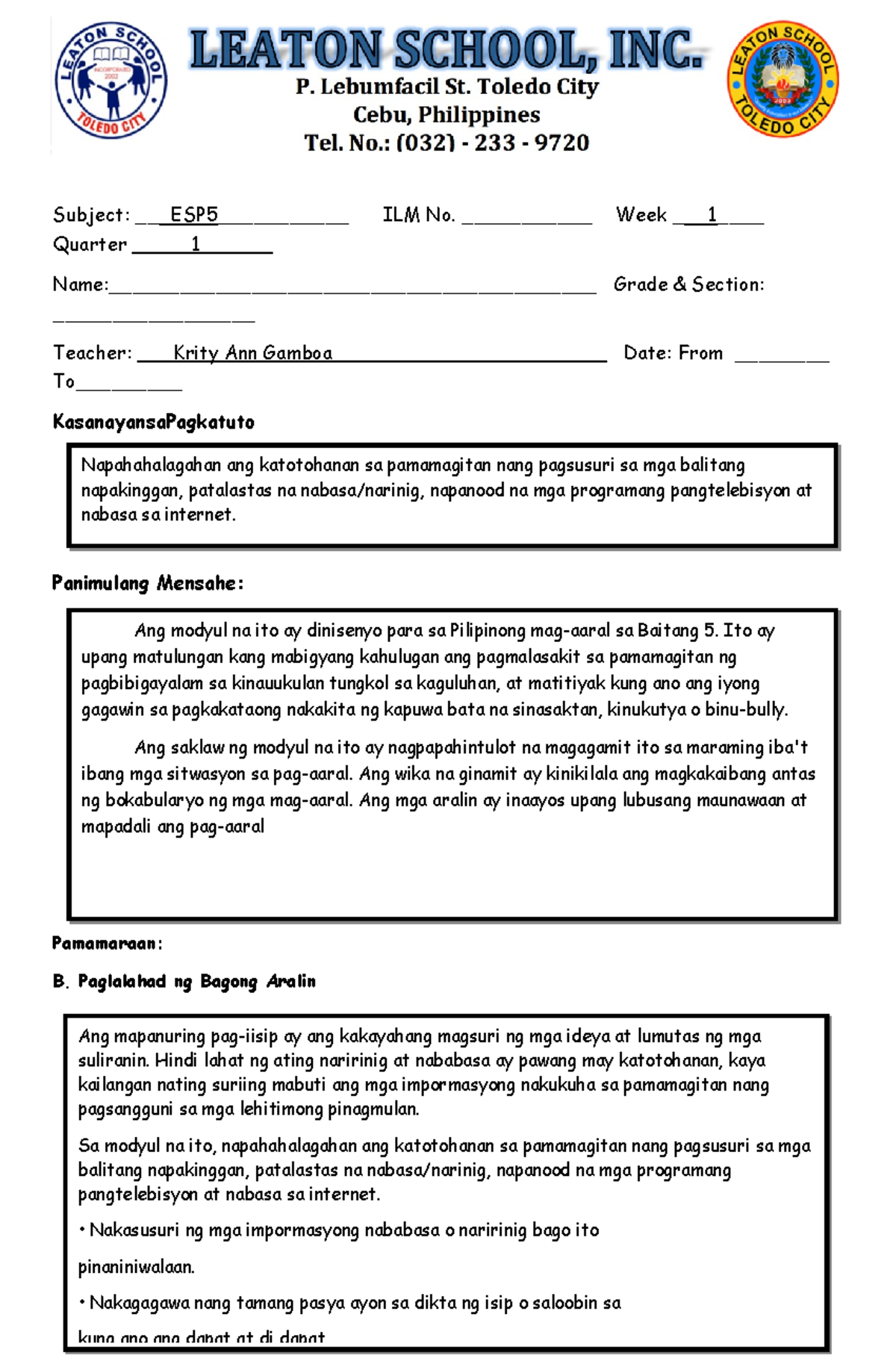 ESP Quarter1 module 1 - Subject: ESP5________ ILM No. ___________ Week ...