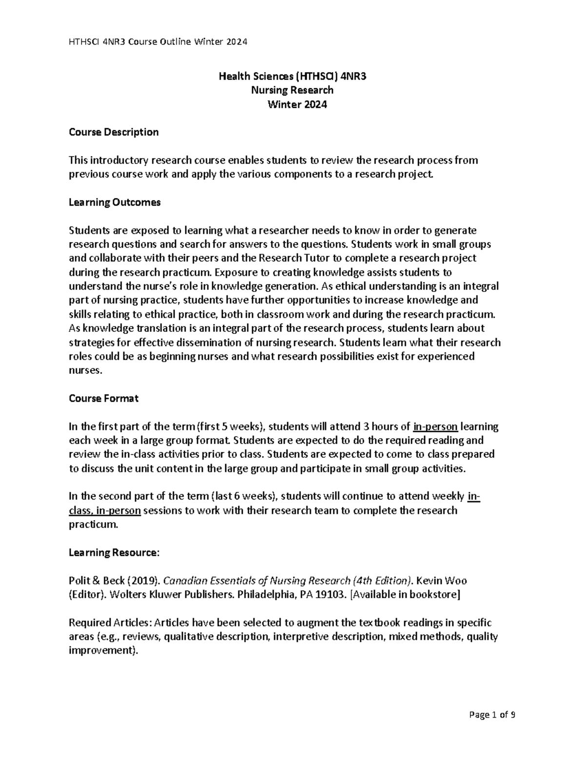 Hthsci 4NR3 Course Outline Winter 2024 - Health Sciences (HTHSCI) 4NR ...