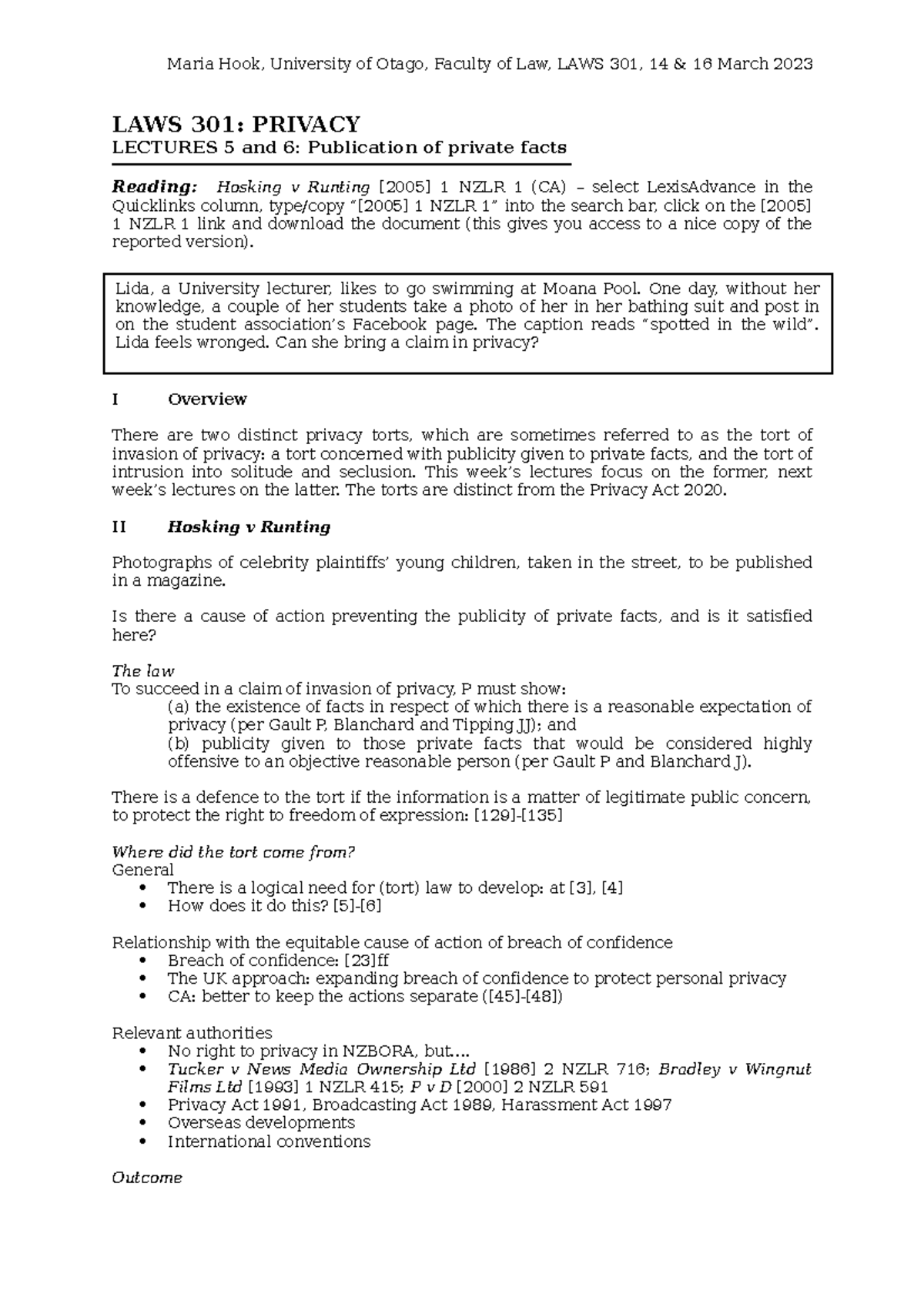 Lectures 5 and 6 Privacy (publication of private facts) - Maria Hook ...