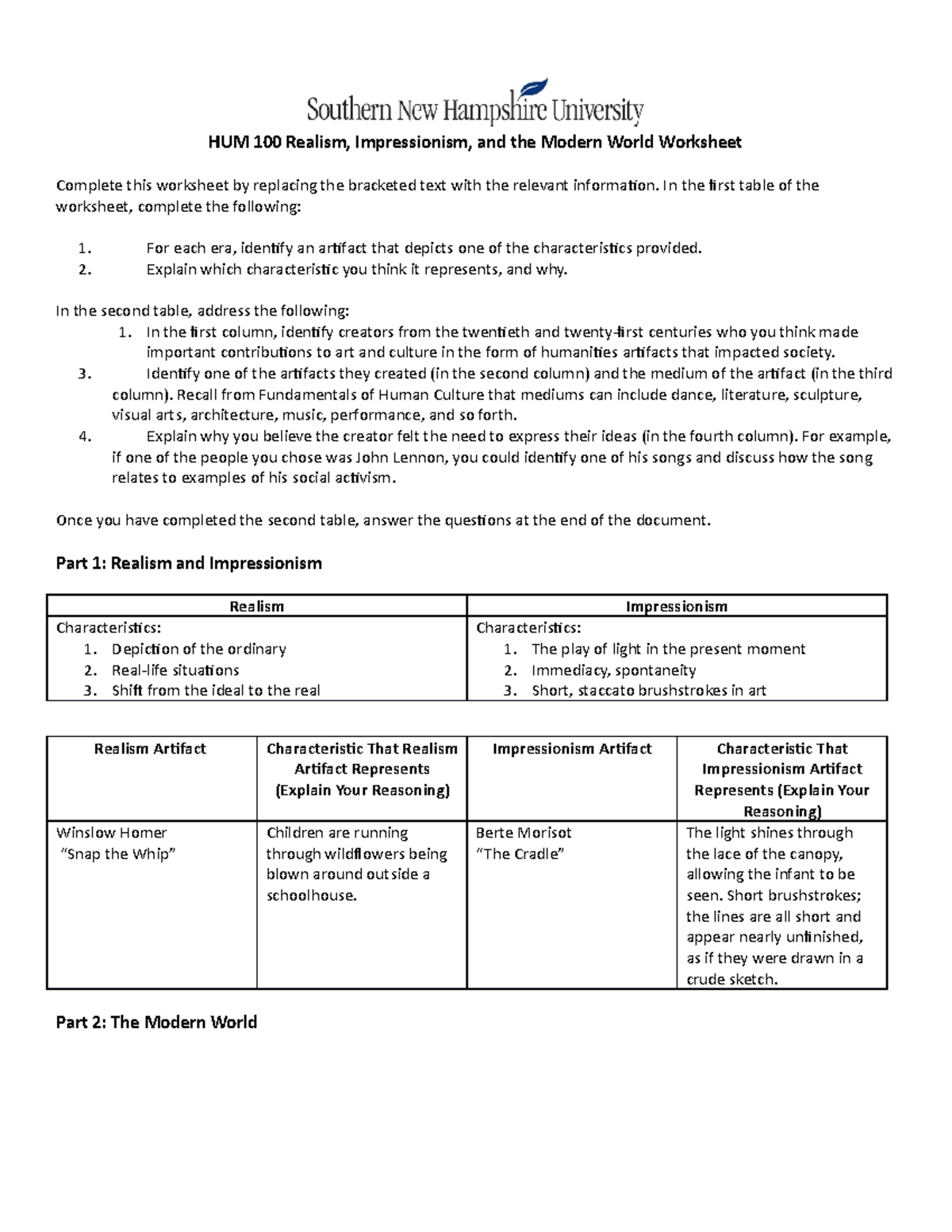 HUM 100 Realism Impressionism and the Modern World Worksheet - HUM 100 ...