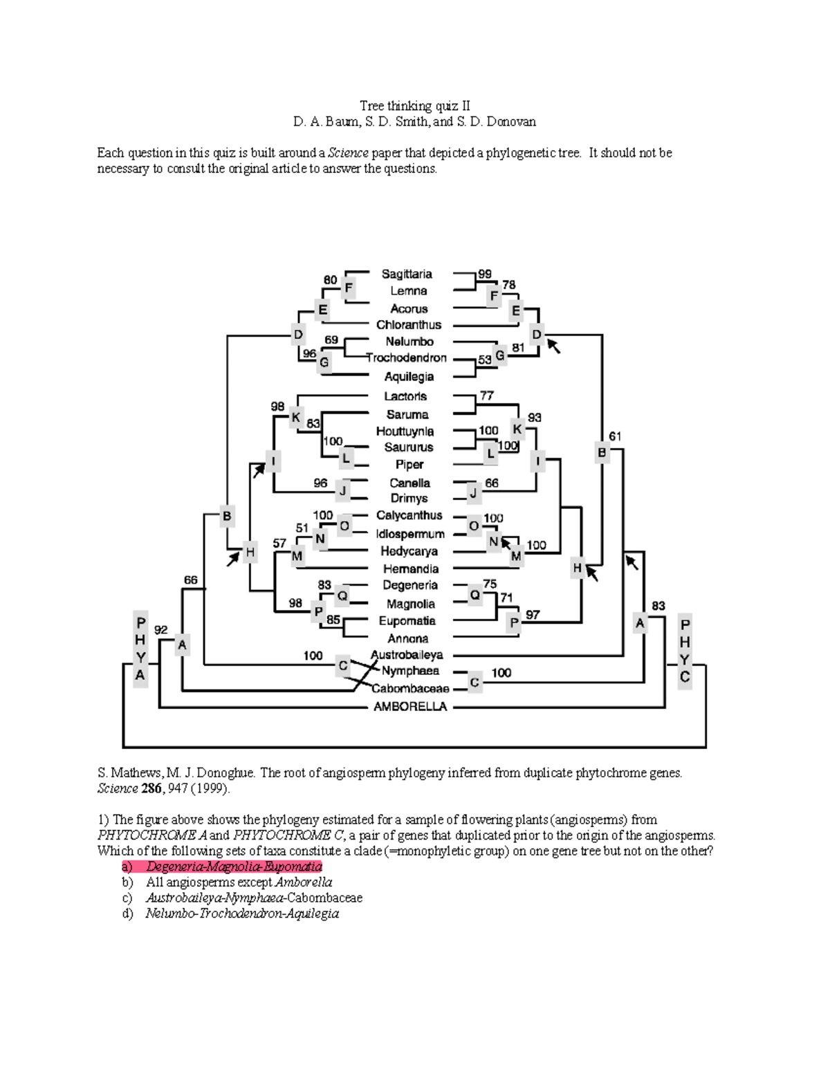 BIOL 4342 Extra Credit - Tree thinking quiz II D. A. Baum, S. D. Smith ...