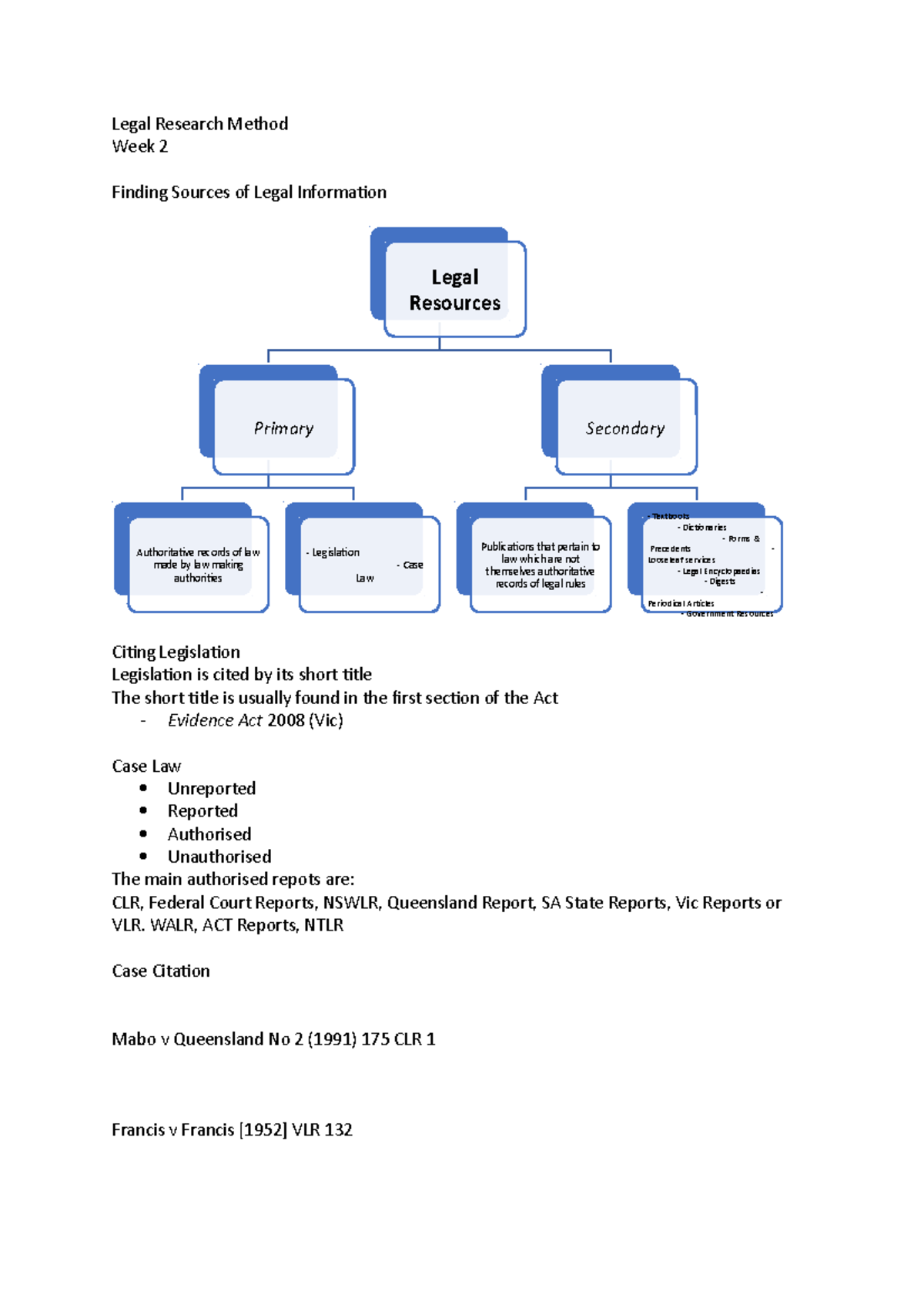Week 2 - Lecture notes 2 - Legal Research Method Week 2 Finding Sources ...