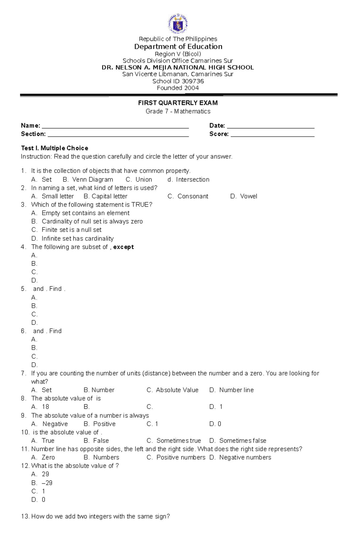 First Quarterly EXAM - Examination - Republic of The Philippines ...