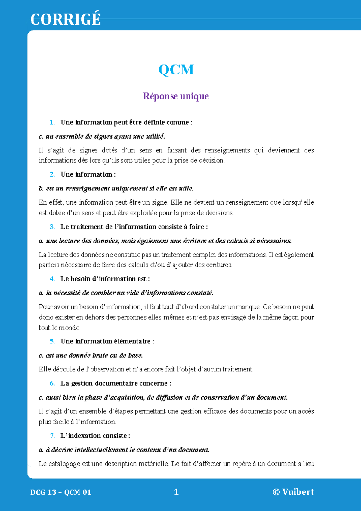 9782311408904-pdf-dcg13 corrige-qcm 1 maj fv - QCM Réponse unique 1. Une information peut être ...