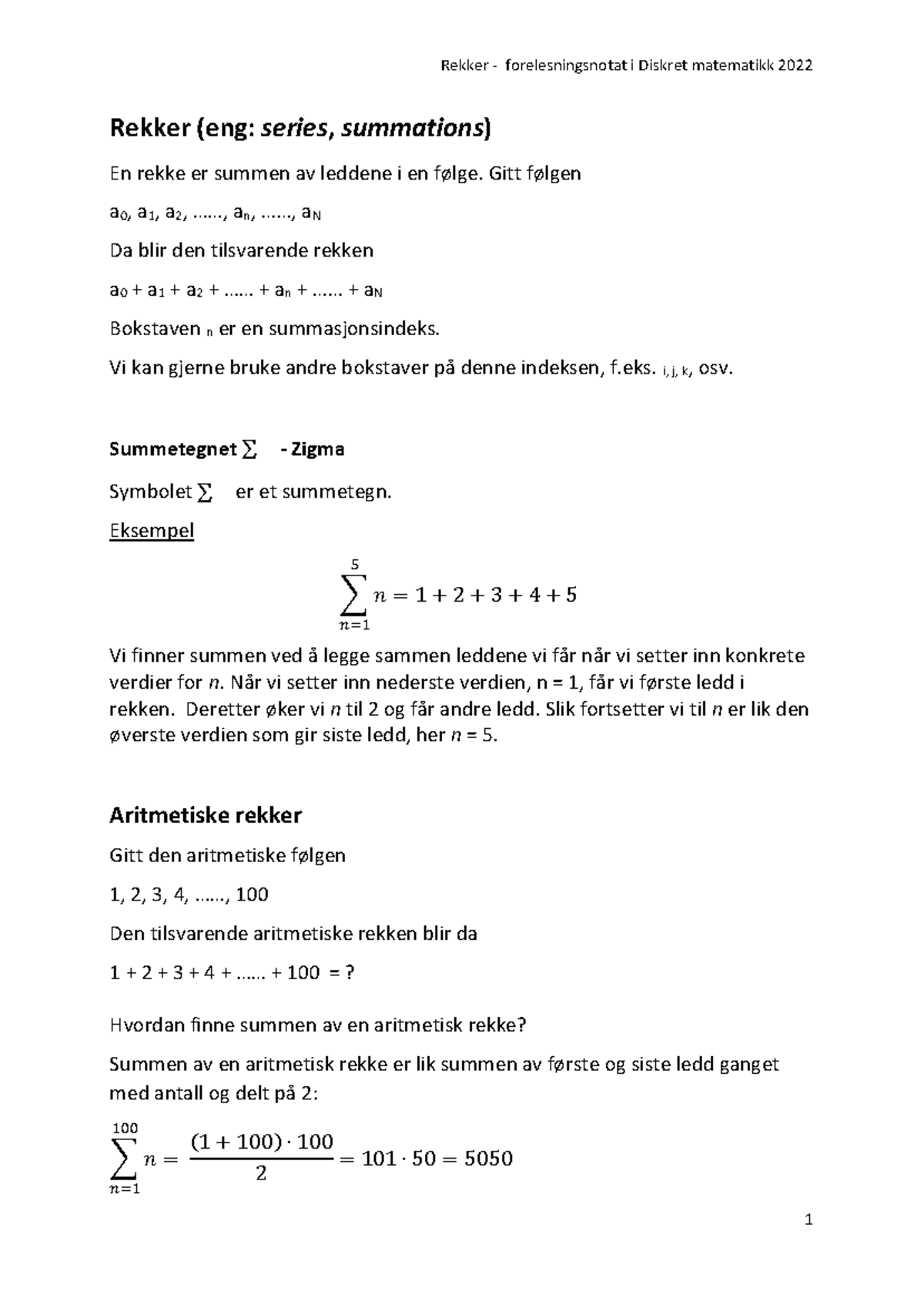 2.4 - Rekker - Det er Sammendrag Diskret matematikk - Rekker (eng ...