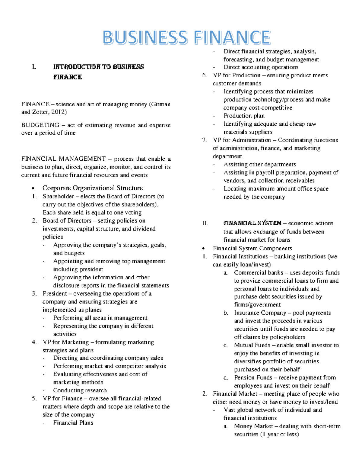 ABM 8 Reviewer shnn - notes on business financan - I. Introduction to ...