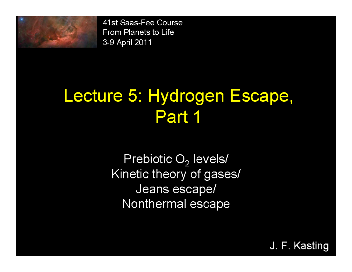 Lecture 5 Hydrogen escape Part 1 - Lecture 5: Hydrogen Escape, Part 1 ...