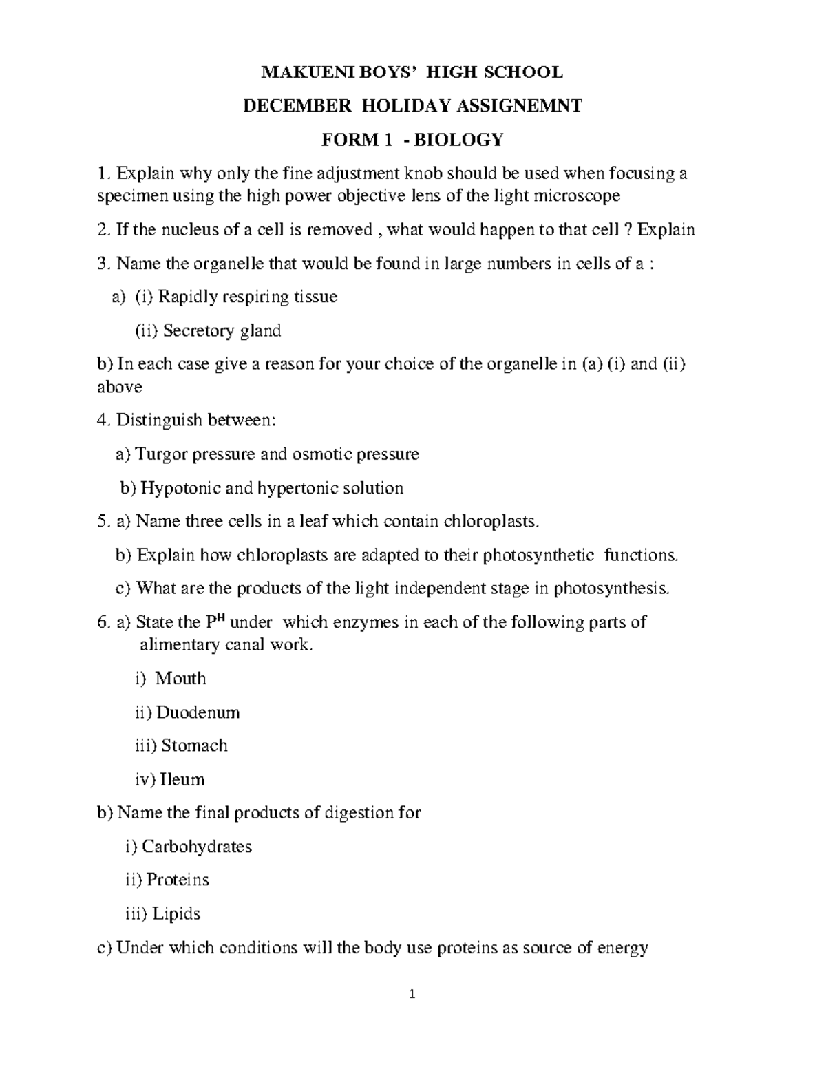 Biology Assignments - Form 1 - Biology - 1 MAKUENI BOYS’ HIGH SCHOOL ...