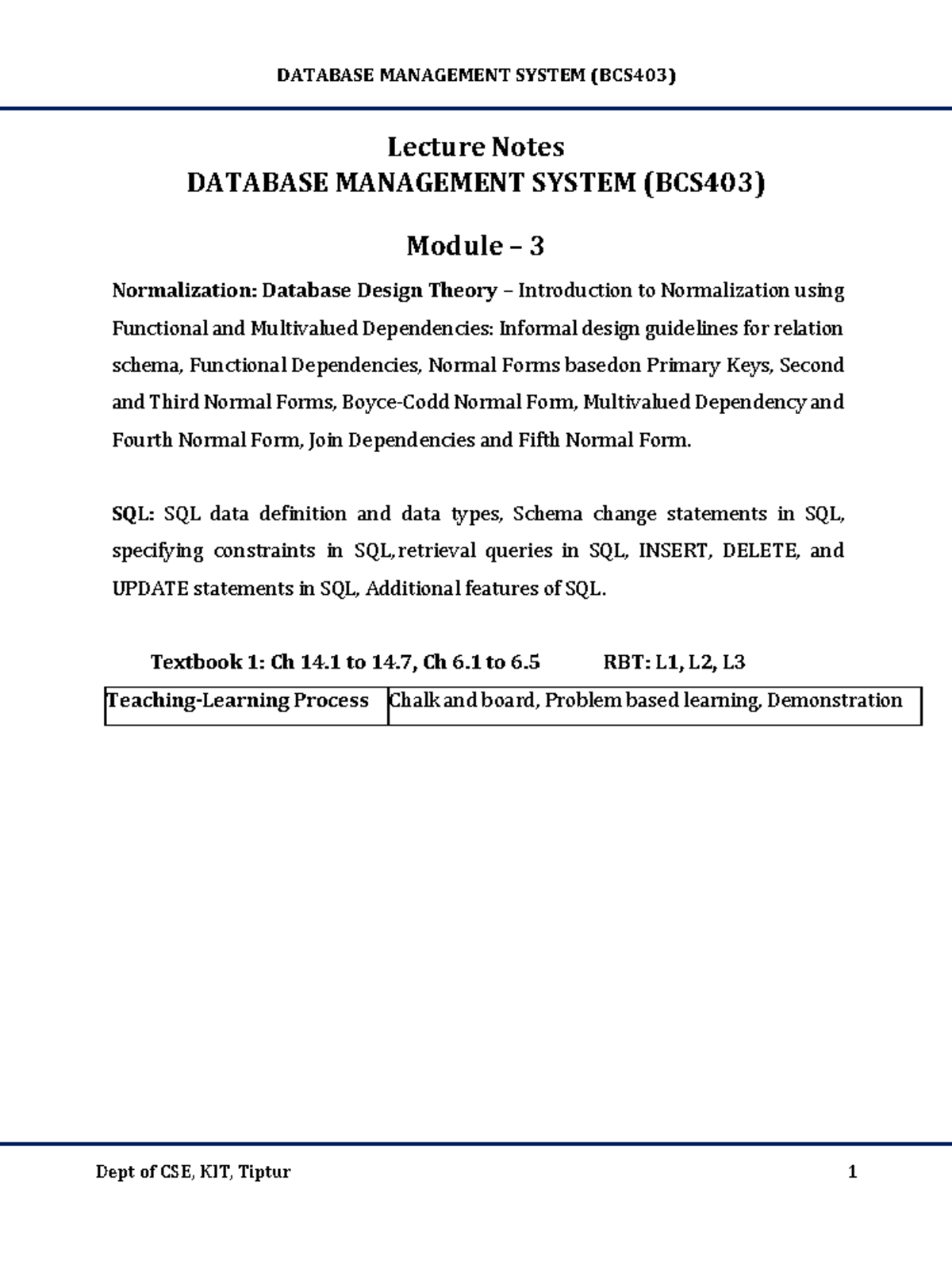 BCS403-DBMS-Module 3 KIT - Lecture Notes DATABASE MANAGEMENT SYSTEM ...