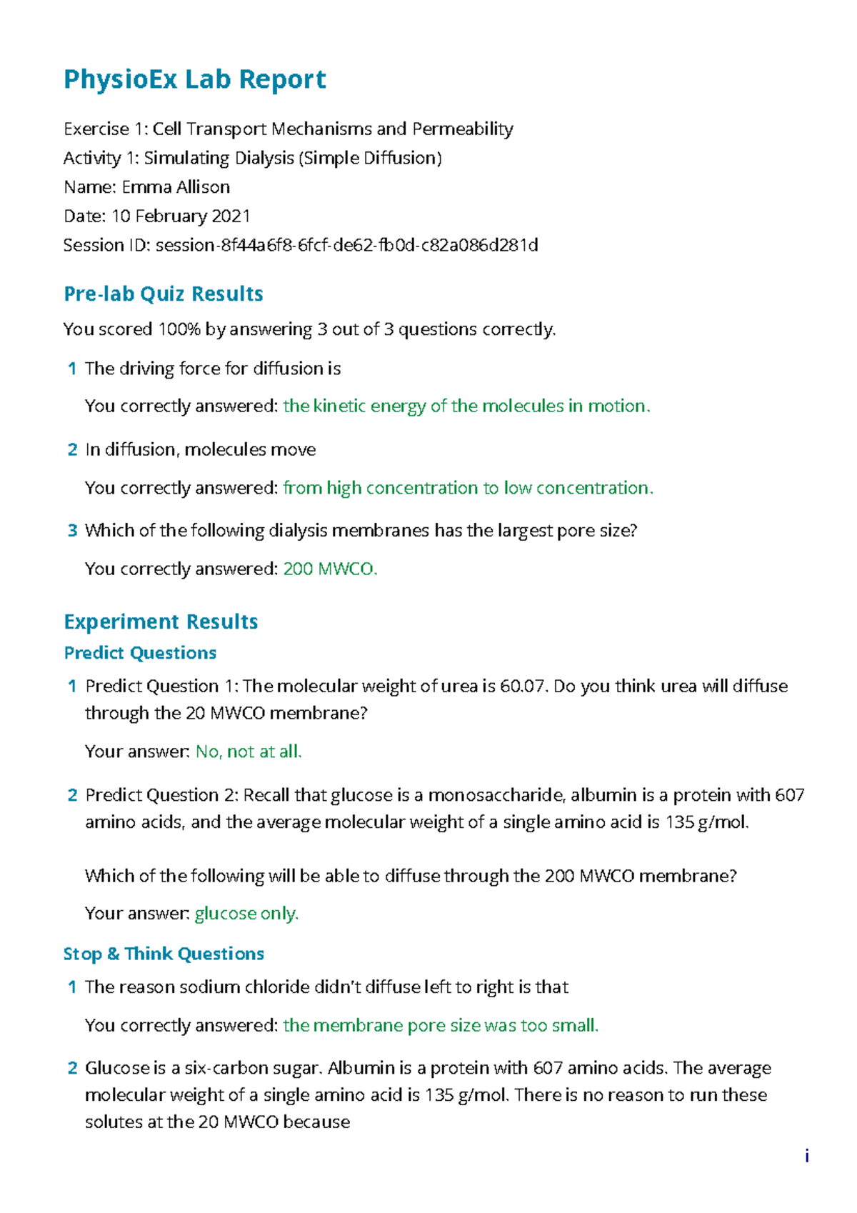 Physio Ex Exercise 1 Activity 1 - PhysioEx Lab Report Exercise 1: Cell ...