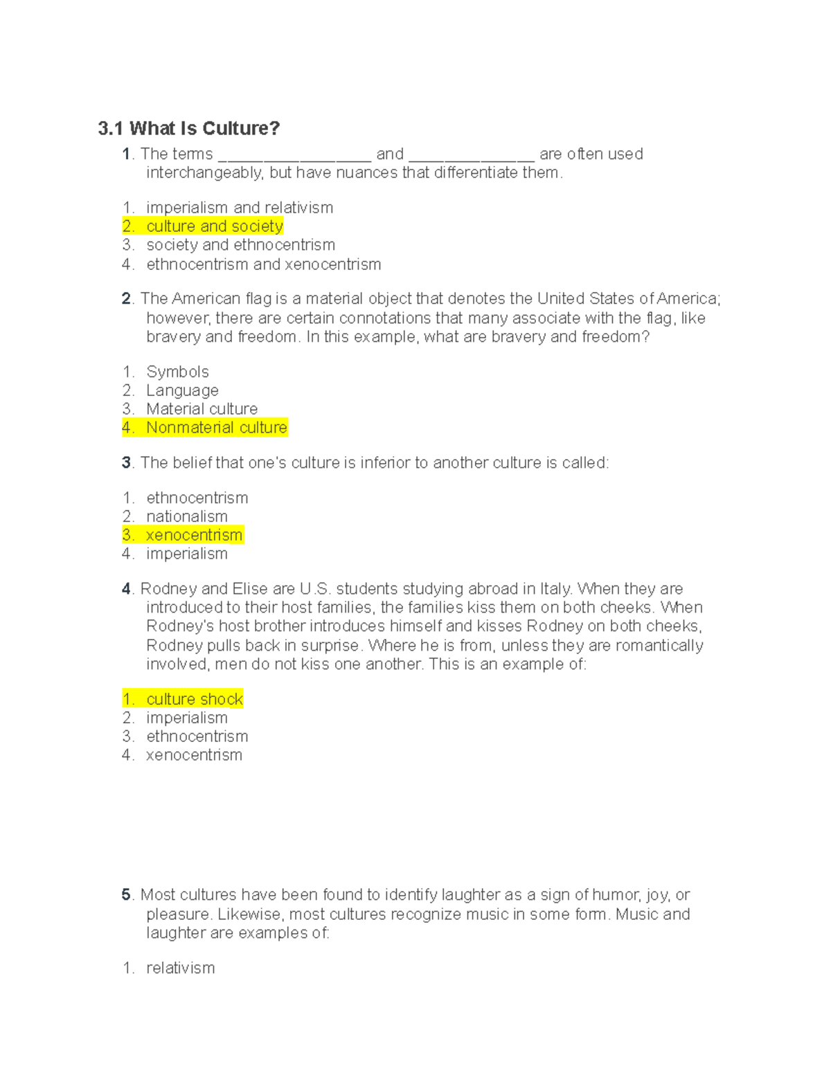 Chapter 3 Study Guide Quiz (With Answers) - 3 What Is Culture? The ...