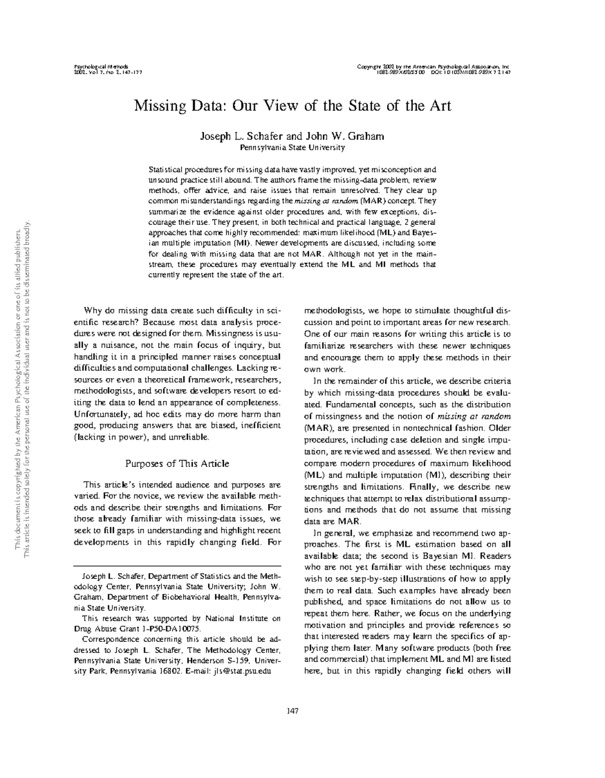 DEM05-Schafer, J.L. and Graham, J.W. (2002 )-Missing Data Our View of ...