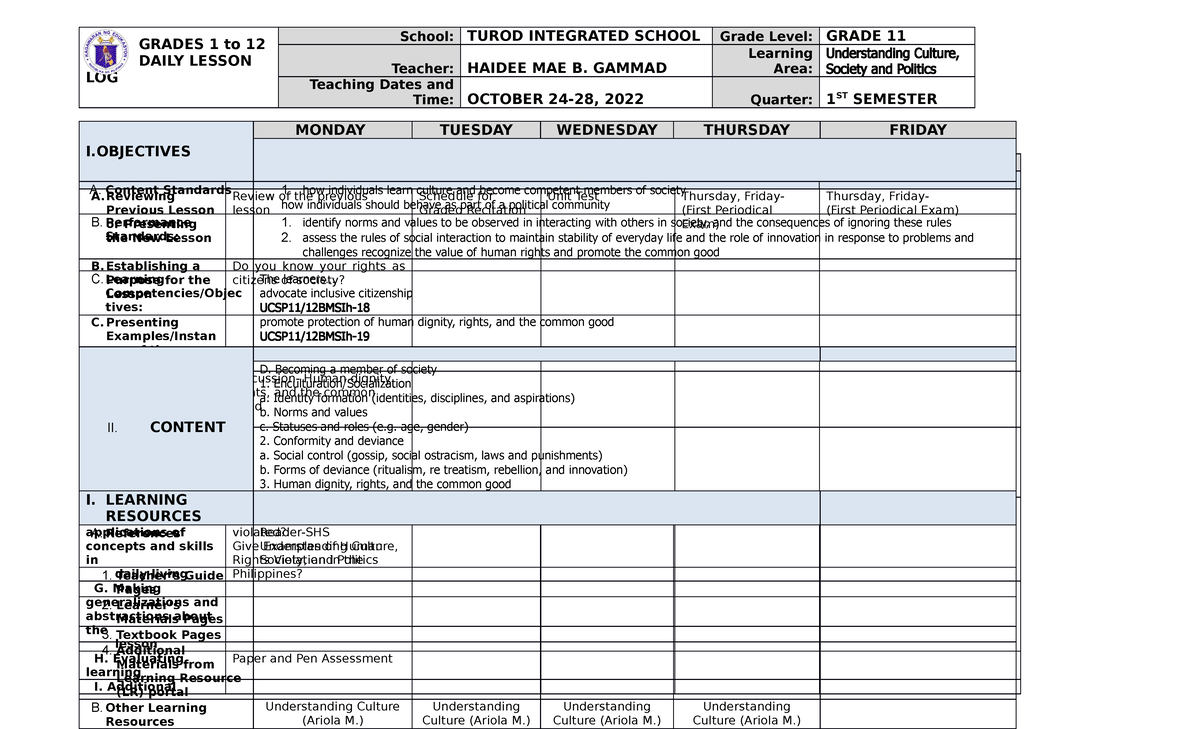 10TH WEEK- Understanding Culture - GRADES 1 to 12 DAILY LESSON LOG ...