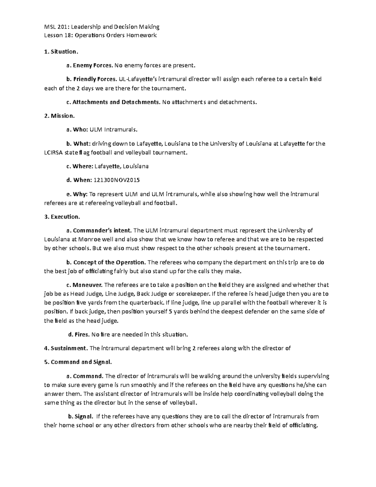 Opord outline - MSL 201: Leadership and Decision Making Lesson 18 ...