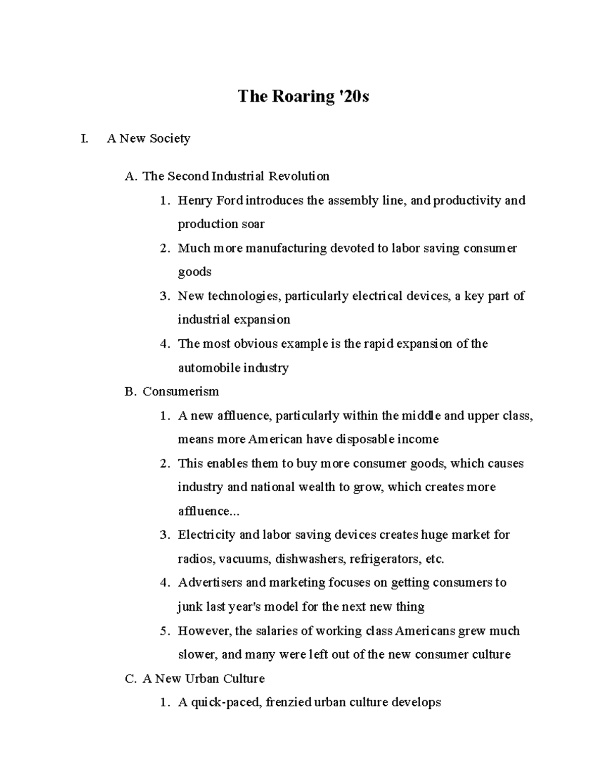Roaring 20s, Great Depression, and New Deal - The Roaring '20s I. A New ...