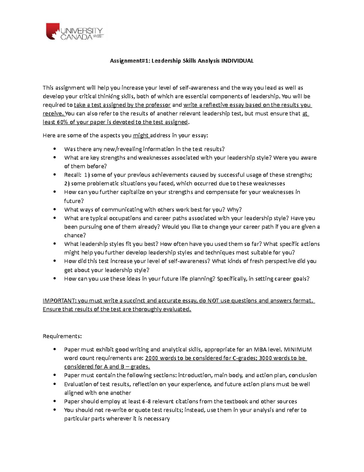 Assignment#1 Leadership Skills Analysis Individual Summer 2023 ...