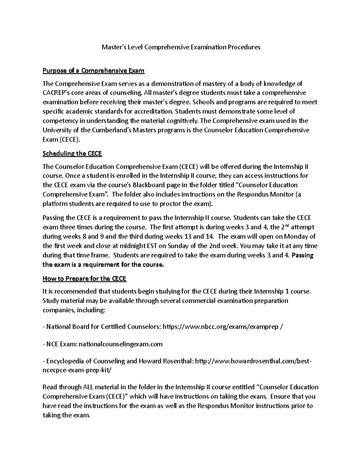 Master's cece instructions - Master's Level Comprehensive Examination ...