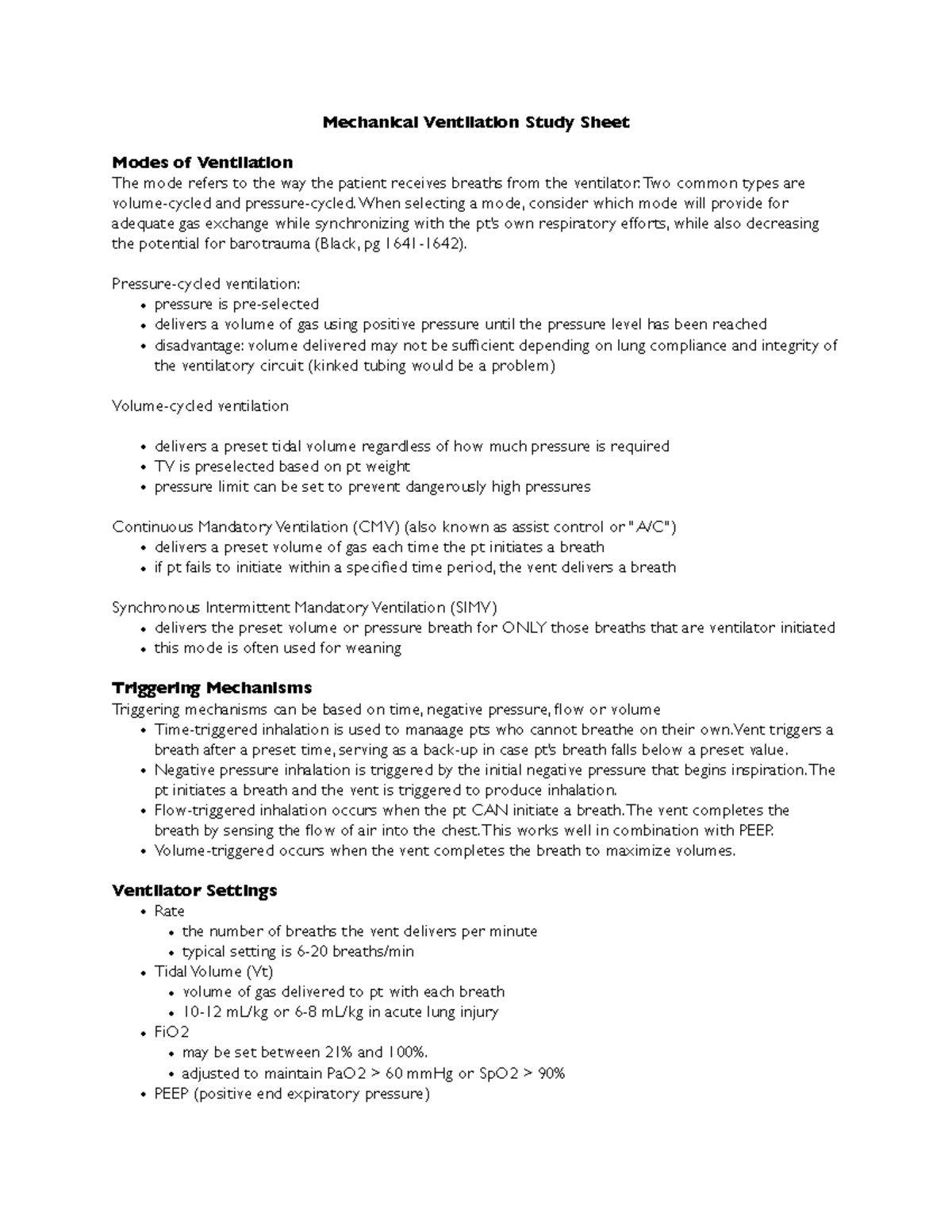 Mechanical ventilation study sheet 1 - Mechanical Ventilation Study ...