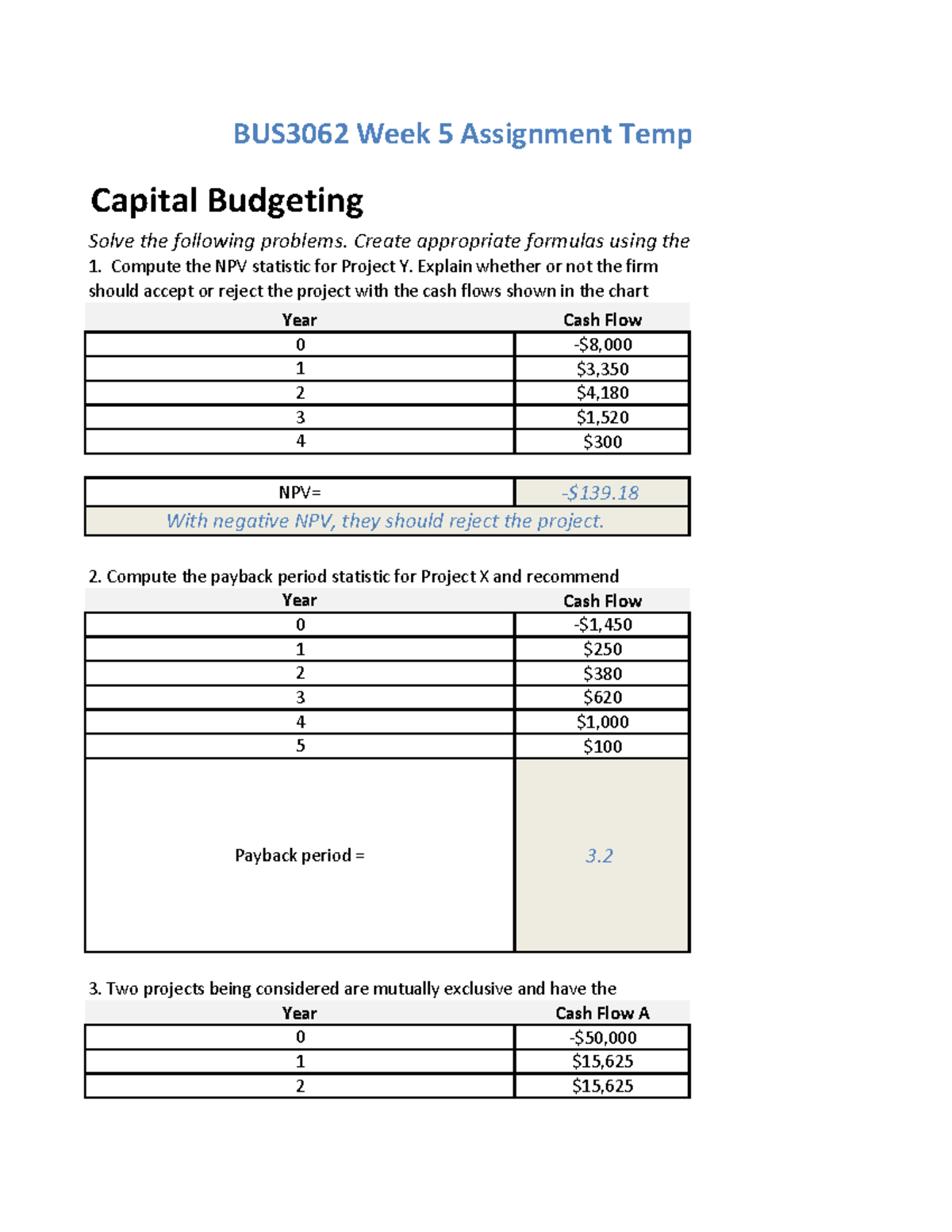 Cf week 5 assignment template - Capital Budgeting Year Cash Flow 0 -$8 ...