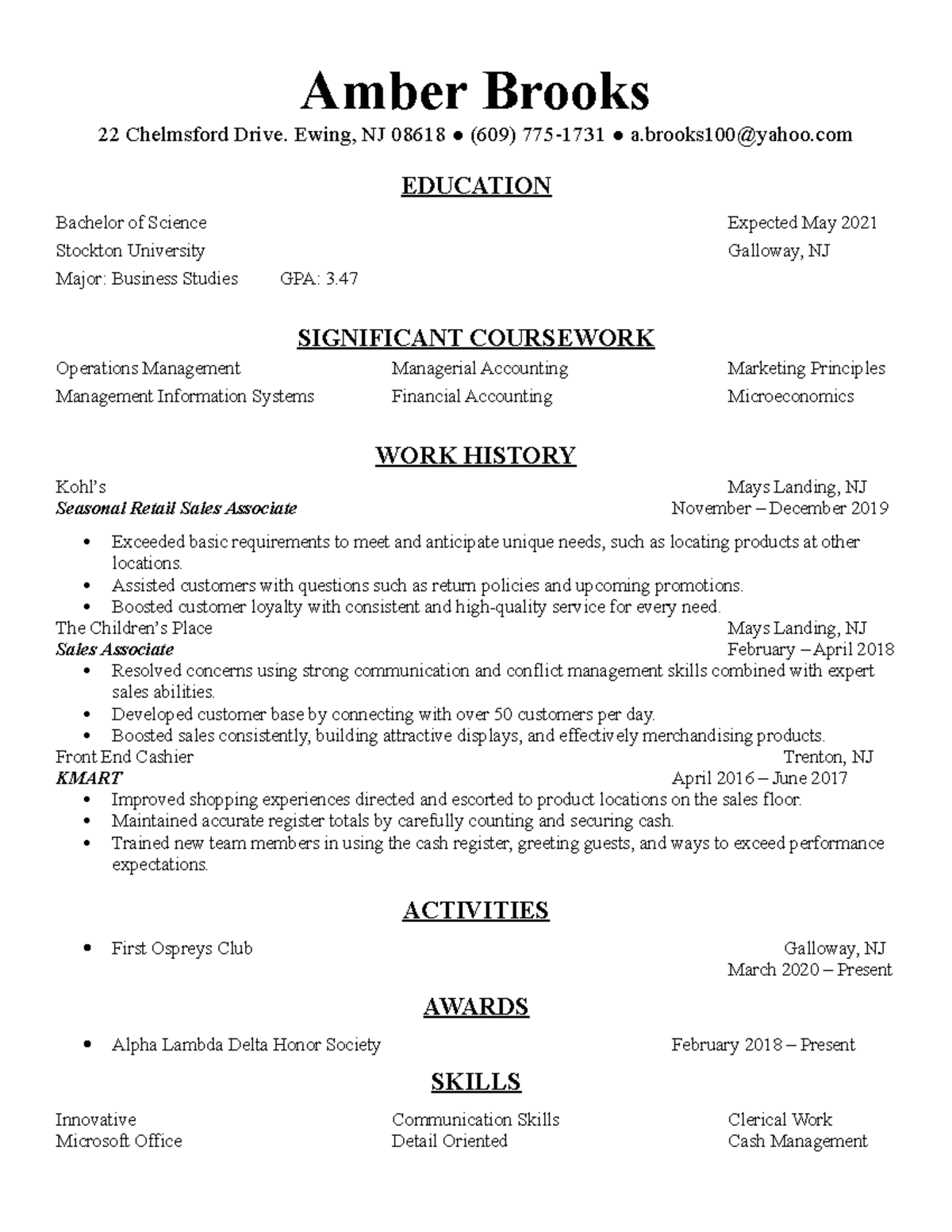 Employment Packet (Resume, Cover Letter, and References) - Amber Brooks ...