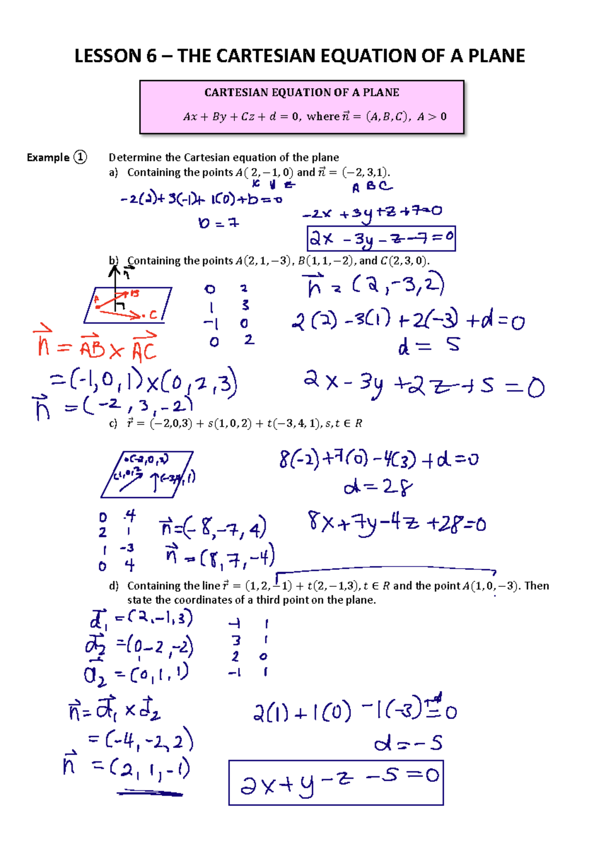 Lesson 6 - Cartesian Equation of a Plane Solutions - LESSON 6 – THE ...