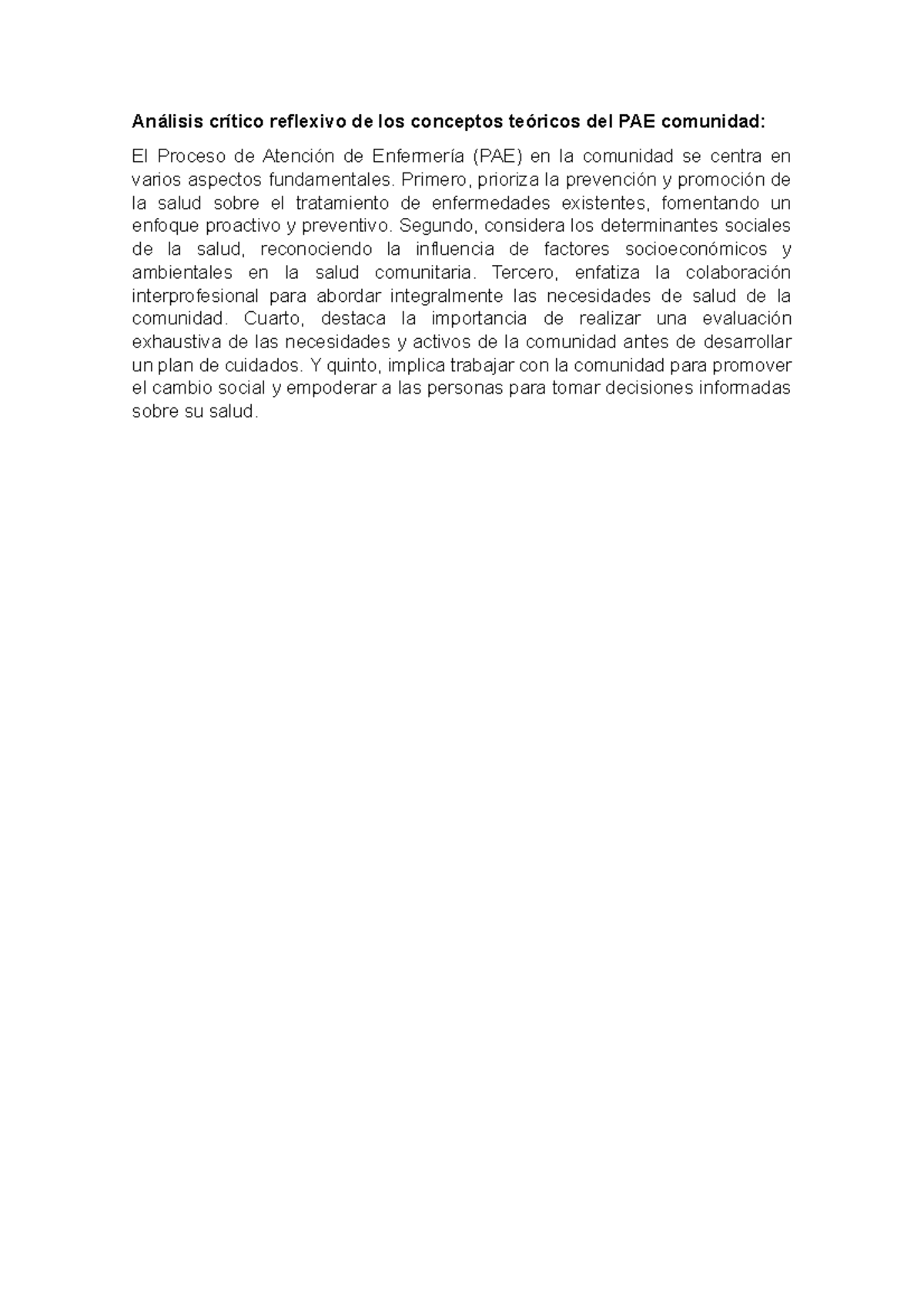 Resumen critico PAE comunidad - Análisis crítico reflexivo de los ...