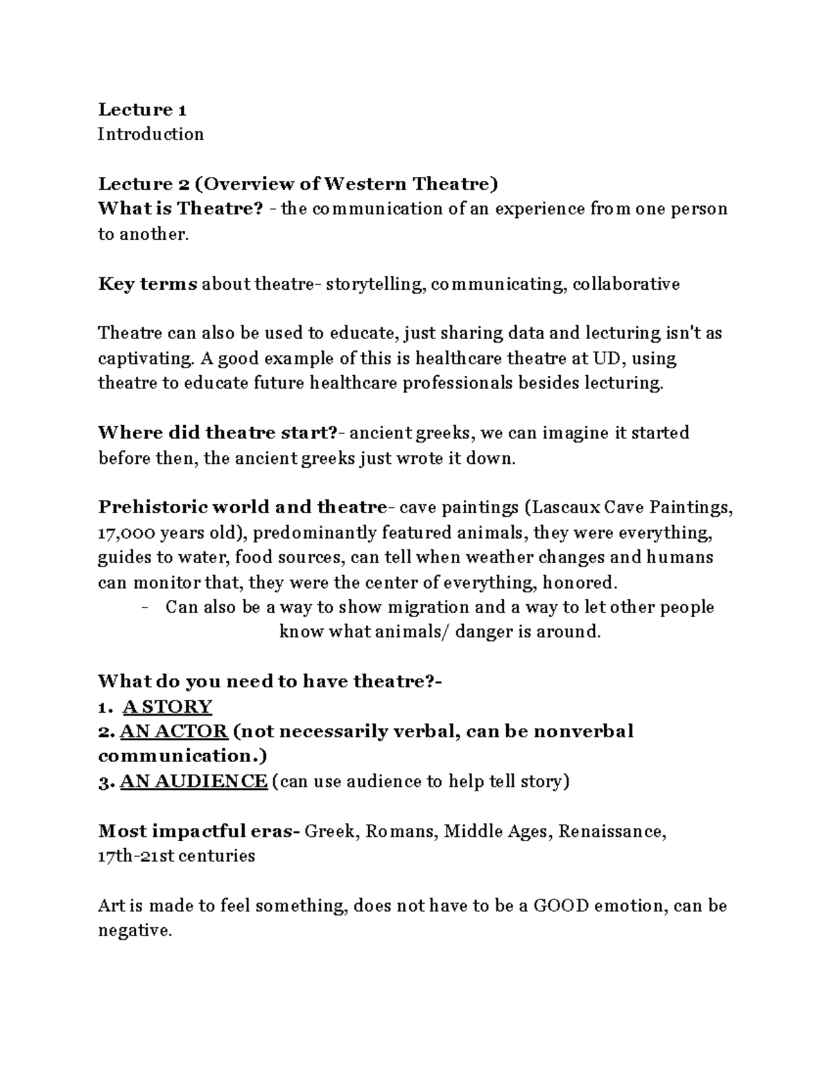 Thea 241 lectures 1-5 - Lecture notes from first month fo THEA241 ...