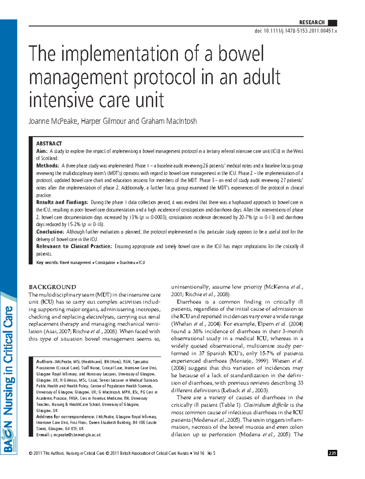 Nursing in Critical Care - 2011 - Mc Peake - The implementation of a ...