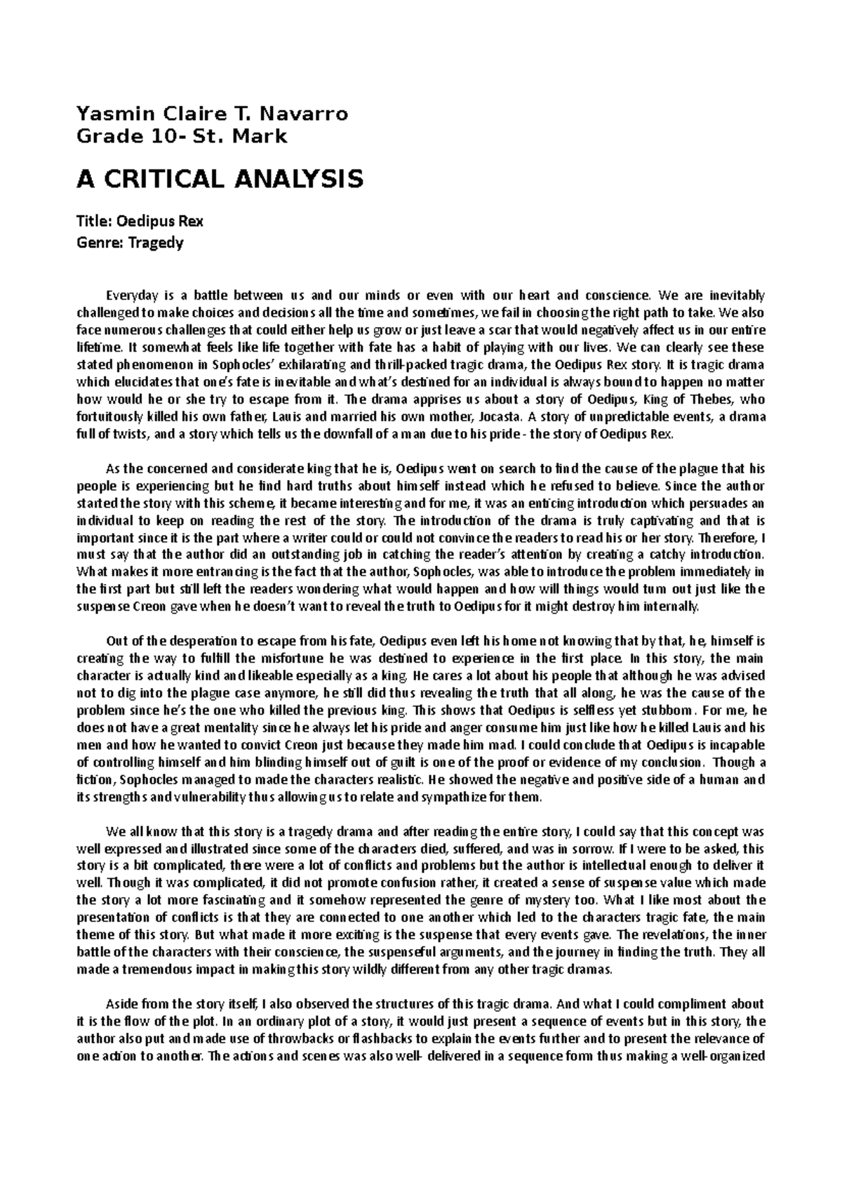 A Critical Analysis of Oedipus Rex by Yasmin Claire T. Navarro - Yasmin ...