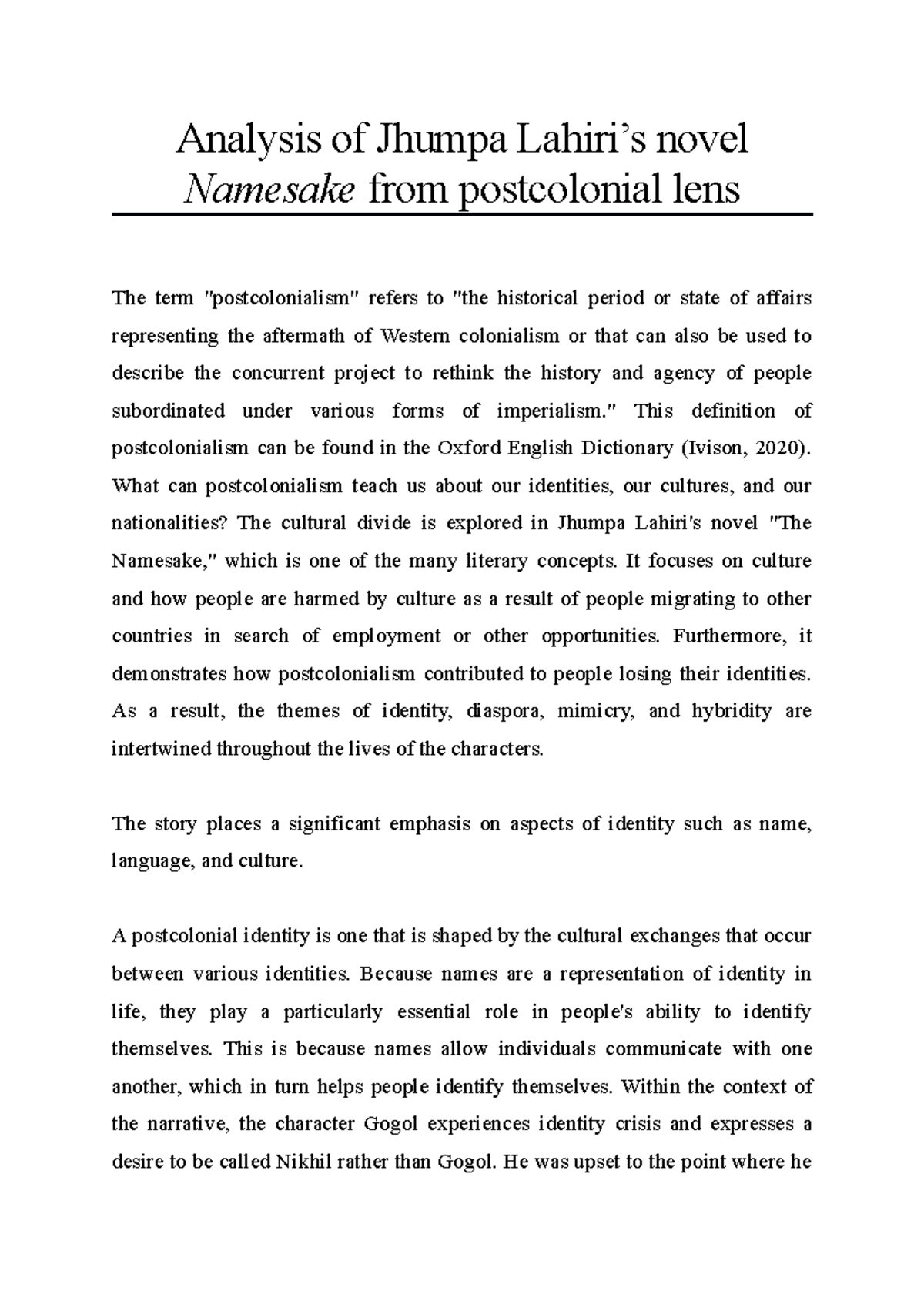 Analysis of Jhumpa Lahiri’s novel Namesake from postcolonial lens ...