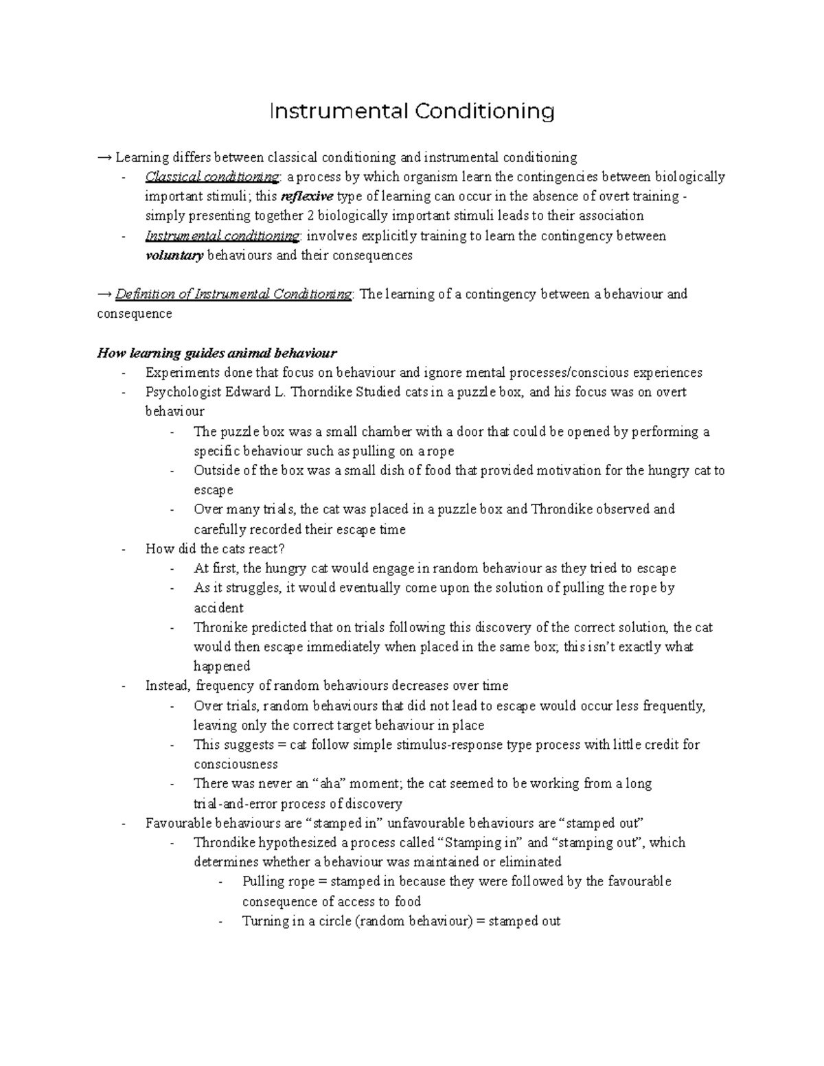 Instrumental Conditioning Notes-2 - Instrumental Conditioning → ...