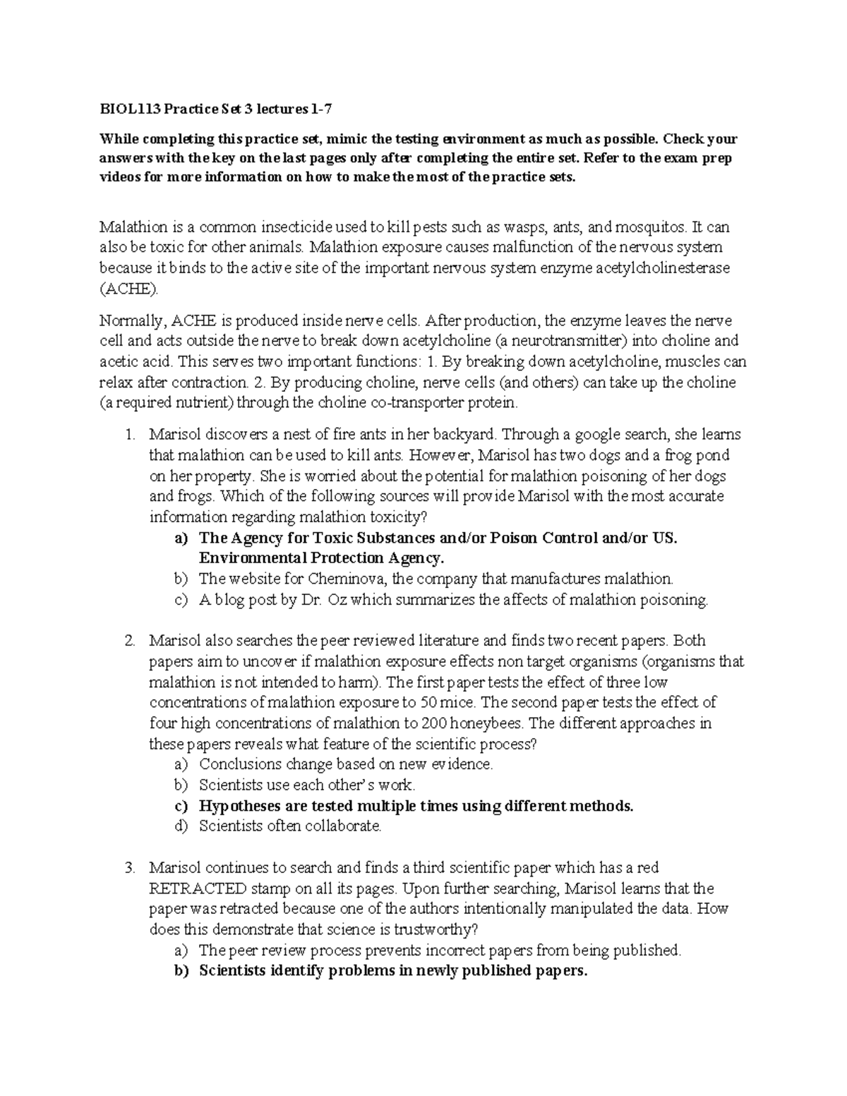 BIOL113 Practice Set 3 lectures 1-7 - Check your answers with the key ...
