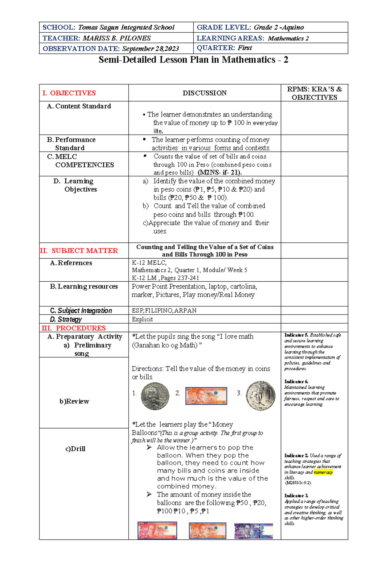 Math2 Q1 Week 5 2023 School Tomas Sagun Integrated School Grade Level Grade 2 Aquino