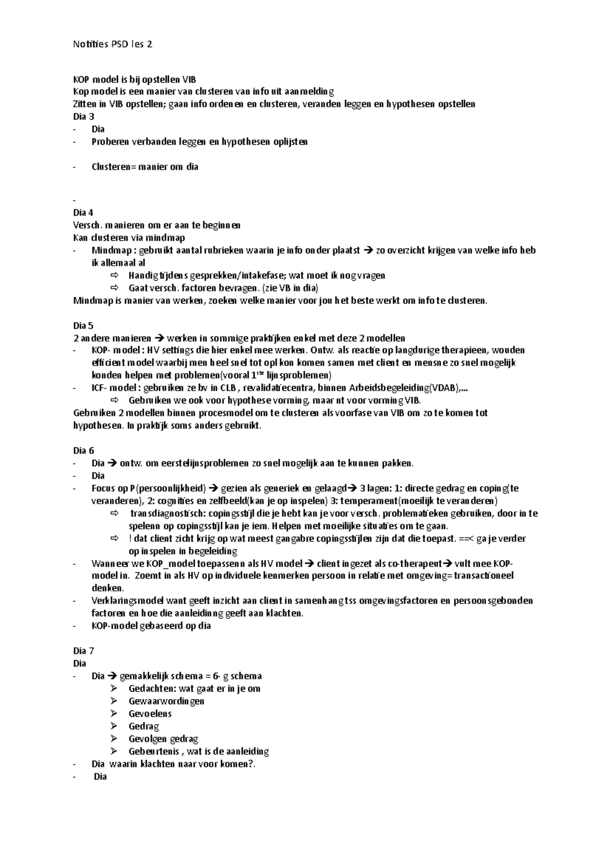 PSD les 2 - samenvatting - KOP model is bij opstellen VIB Kop model is ...