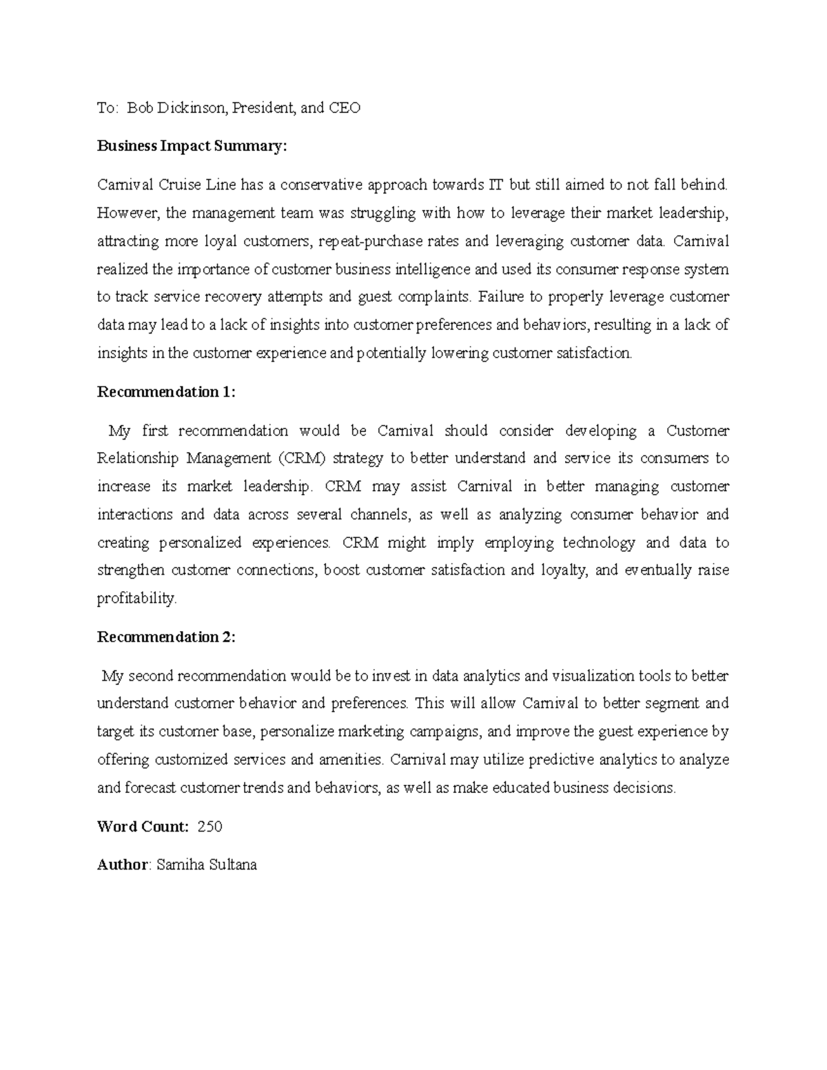 Carnival Cruise Line Report - To: Bob Dickinson, President, and CEO ...