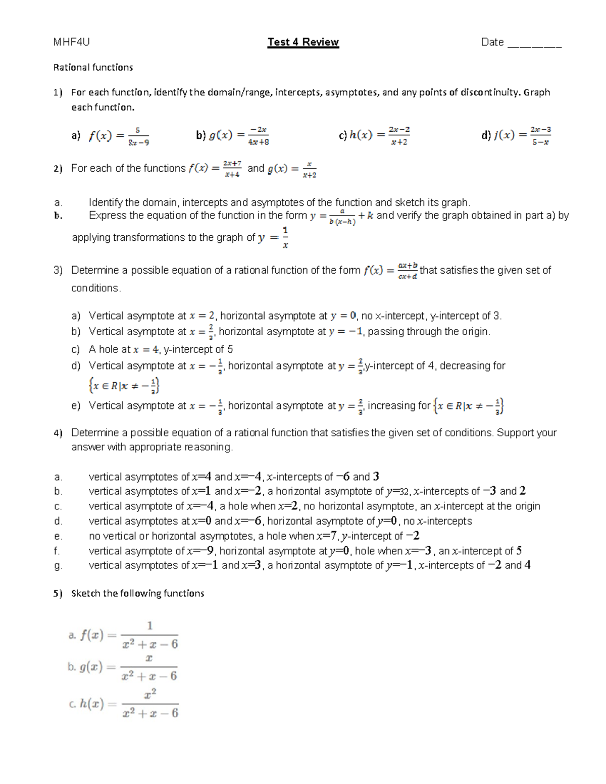 10 - Review - Polynomials and Rationals - MHF4U Test 4 Review Date ...