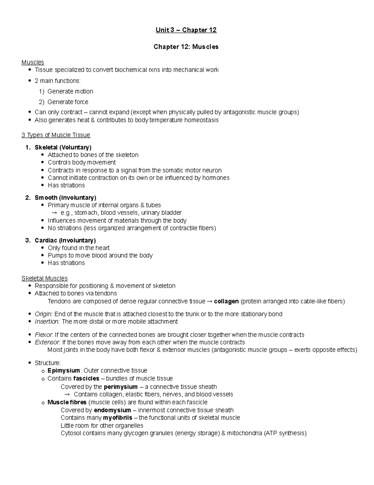 Unit 3 - Lecture notes 3 - Unit 3 – Chapter 12 Chapter 12: Muscles ...