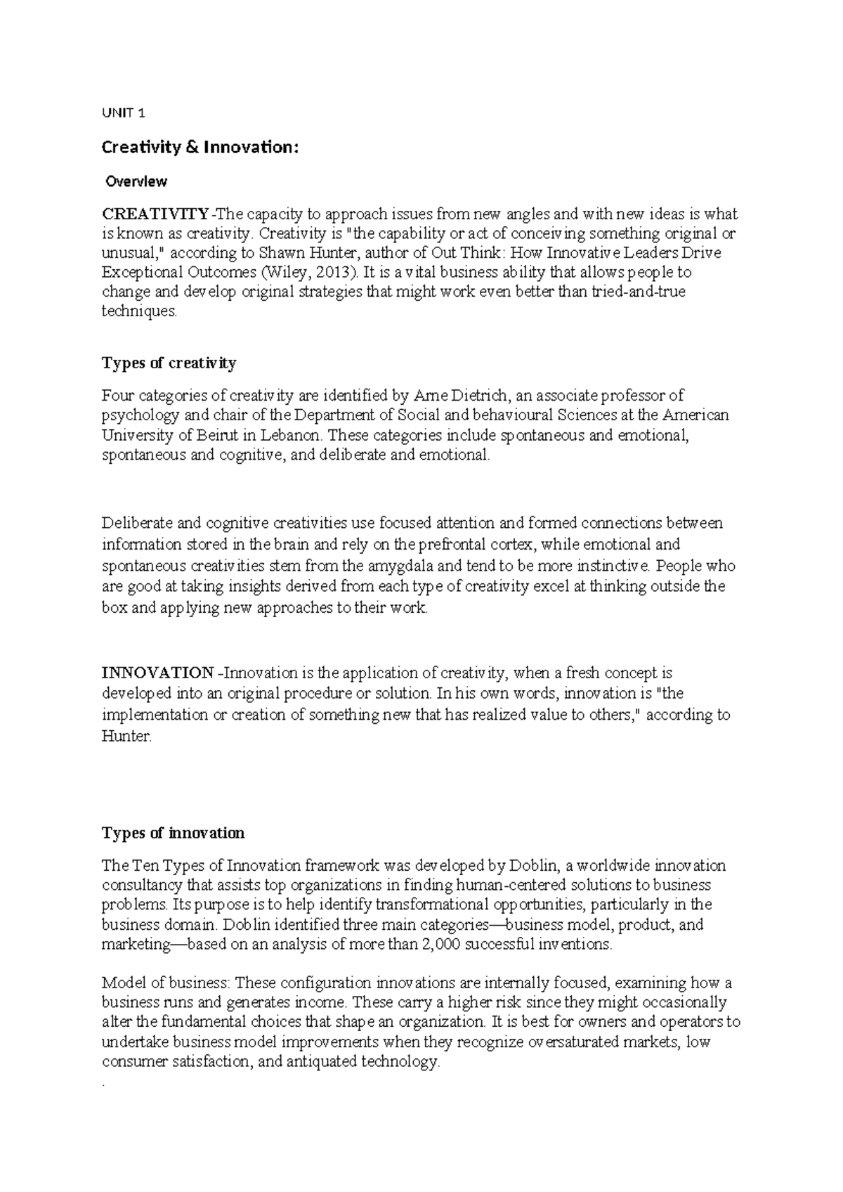 unit1 bba document - UNIT 1 Creativity & Innovation: Overview ...