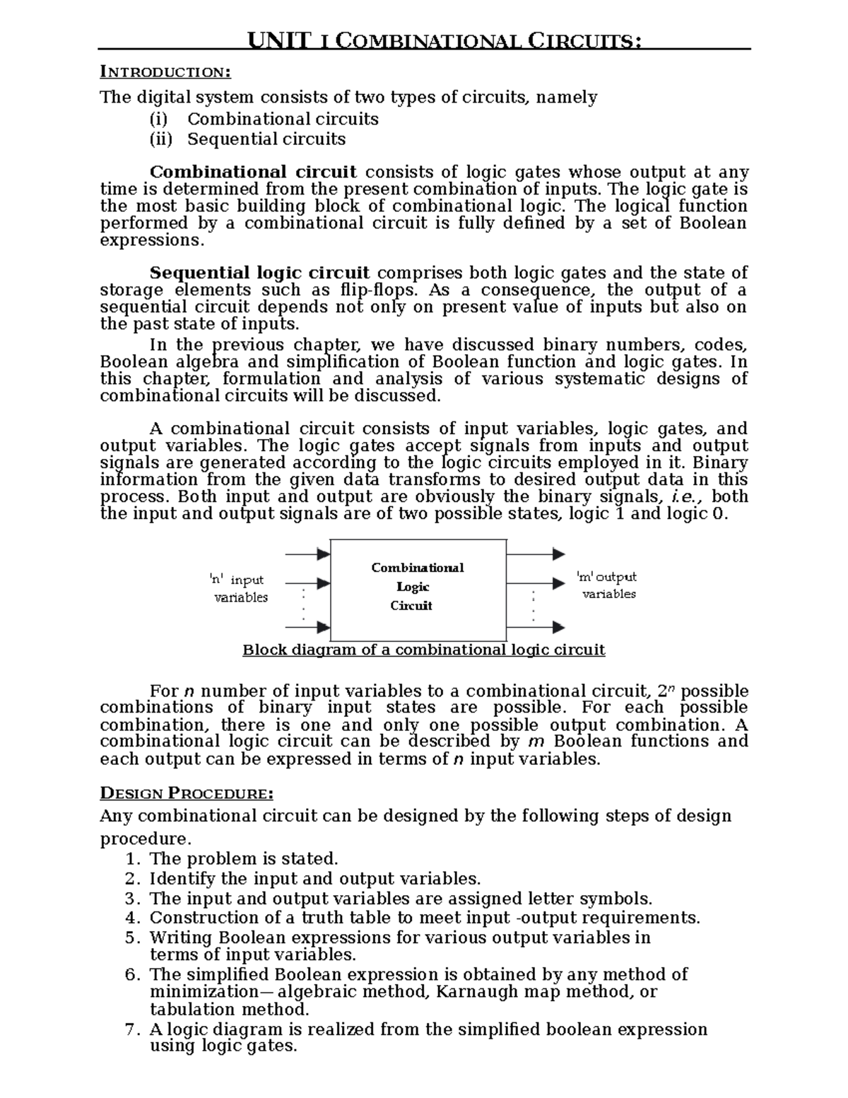 DPCO Unit 1 - new - vvvvvvvvvv - UNIT I COMBINATIONAL CIRCUITS: INTRODUCTION: The digital system ...