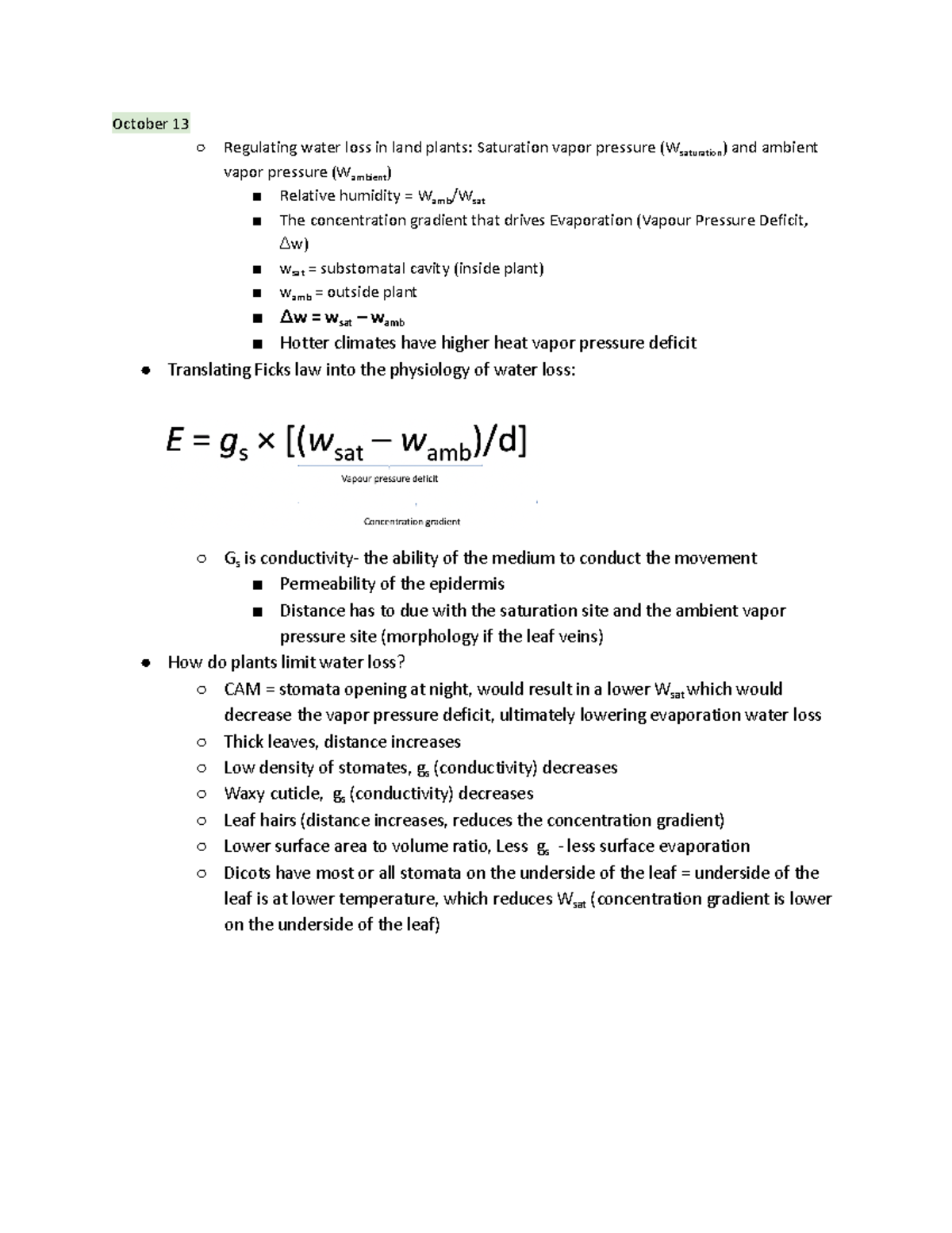 October 13 - lecture notes - October 13 Regulating water loss in land ...