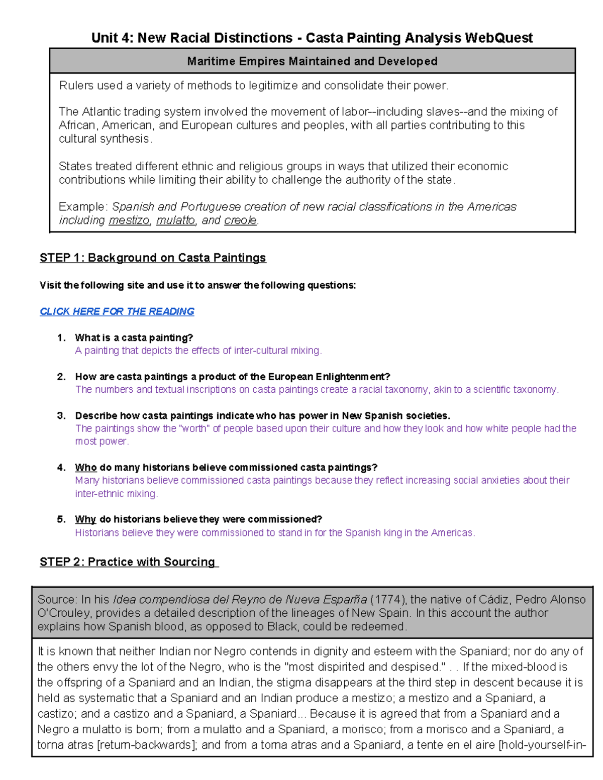 Unit 4 - New Racial Distinctions - Casta Painting Web Quest - Unit 4 ...