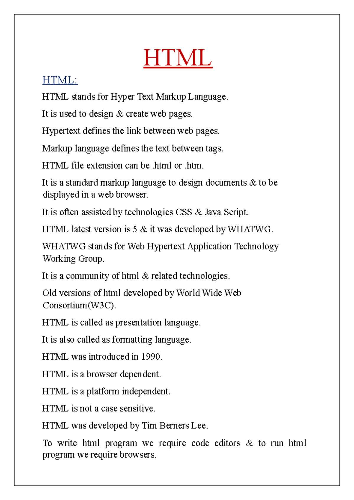 Full doc of html - html notes - HTML HTML: HTML stands for Hyper Text ...